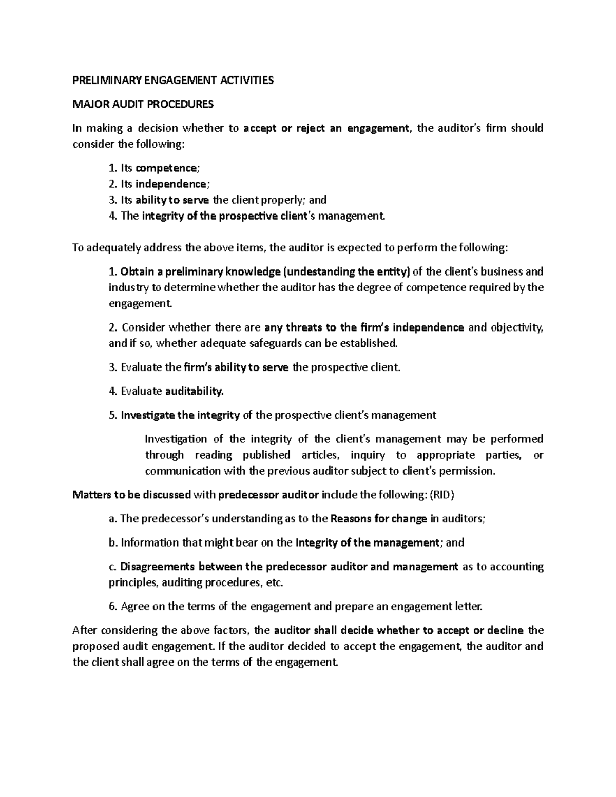 Pre Engagement Acts Reviewer - PRELIMINARY ENGAGEMENT ACTIVITIES MAJOR ...