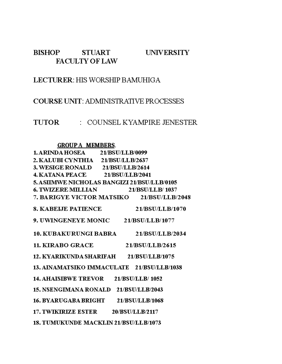 Admin Course WORK - Law notes - BISHOP STUART UNIVERSITY FACULTY OF LAW ...