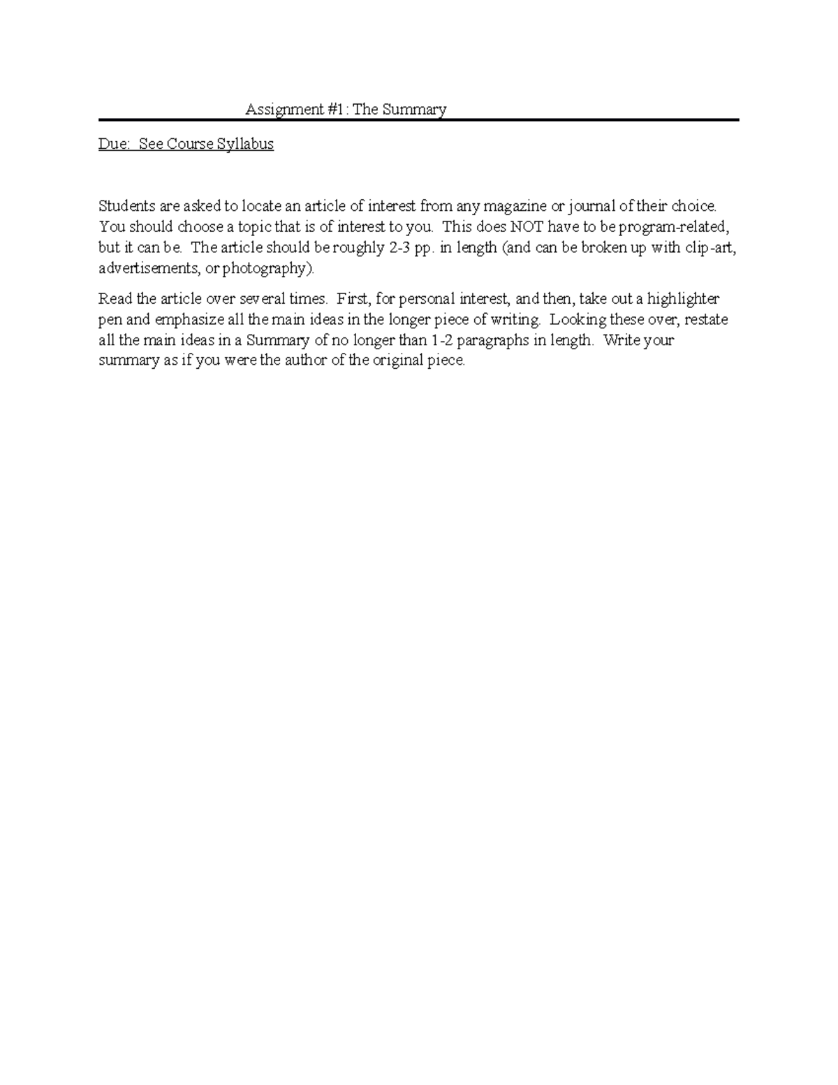 Summary Assignment #1 - Assignment #1: The Summary Due: See Course ...
