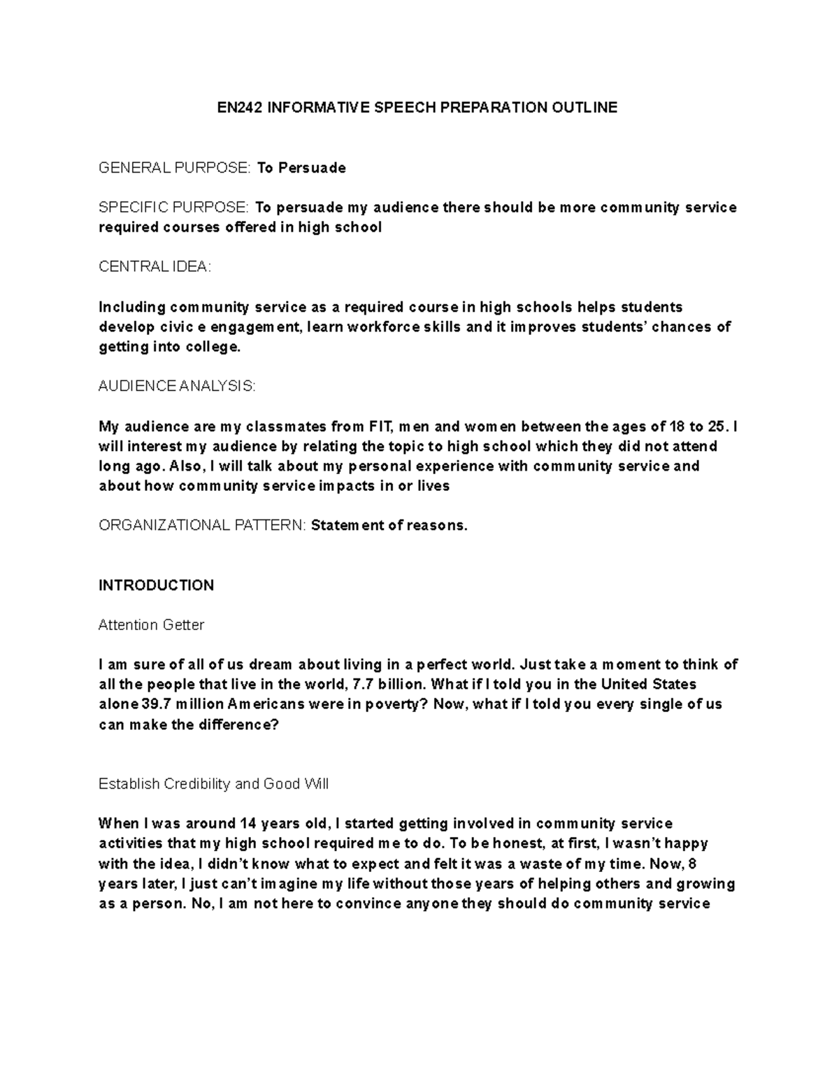 Persuasive Speech Preparation Outline - EN242 INFORMATIVE SPEECH ...