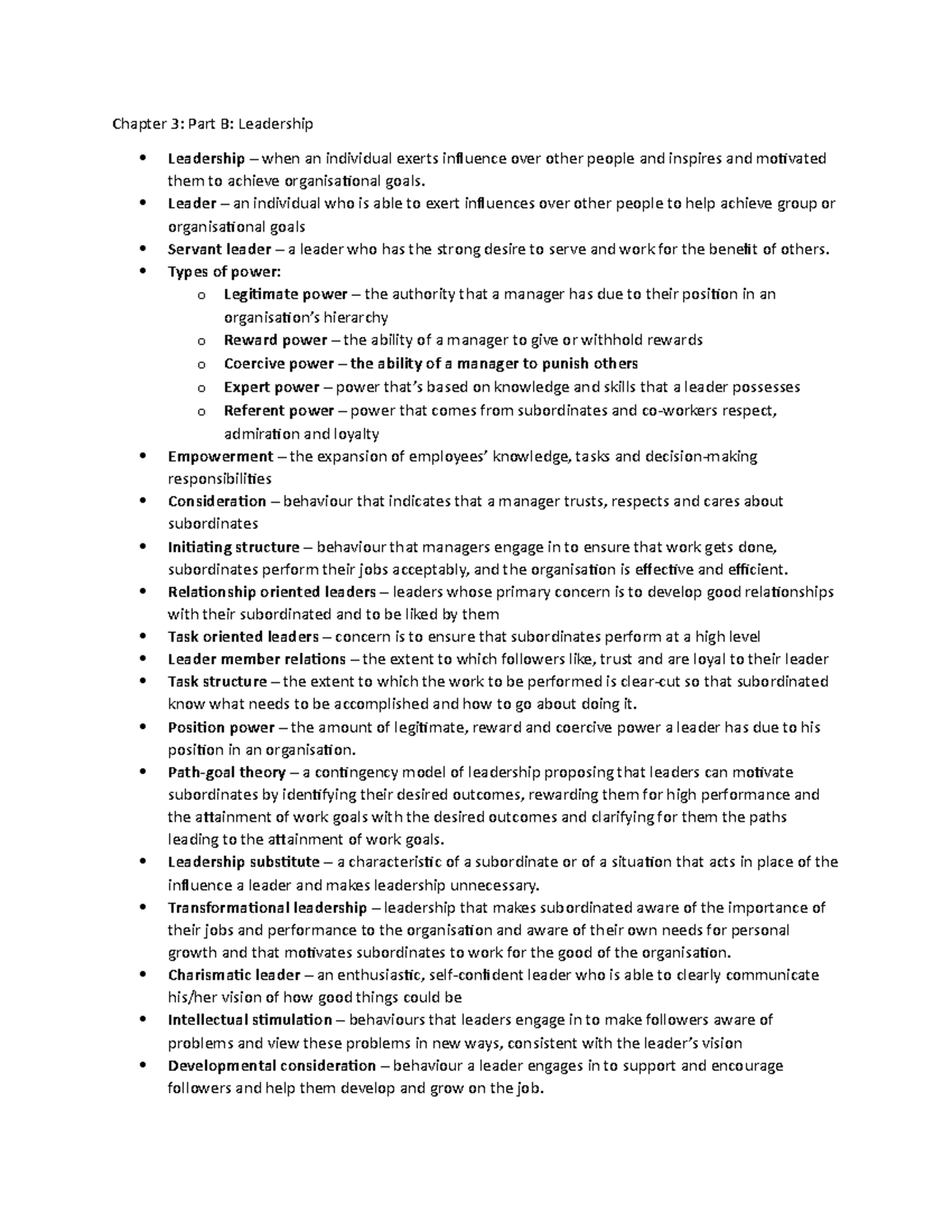 Leadership - Lecture notes 3 - Chapter 3: Part B: Leadership Leadership ...