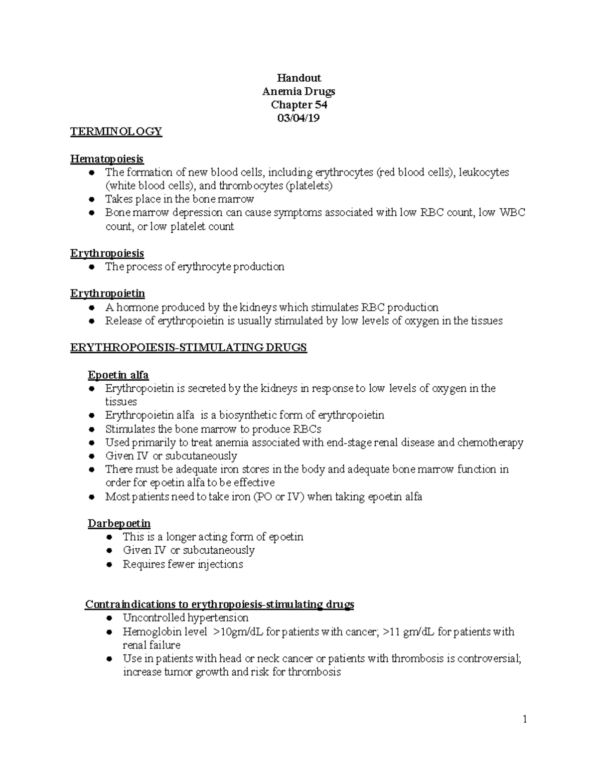 Anemia Drugs Handout Ch 54 for posting 0030419 - Handout Anemia Drugs ...