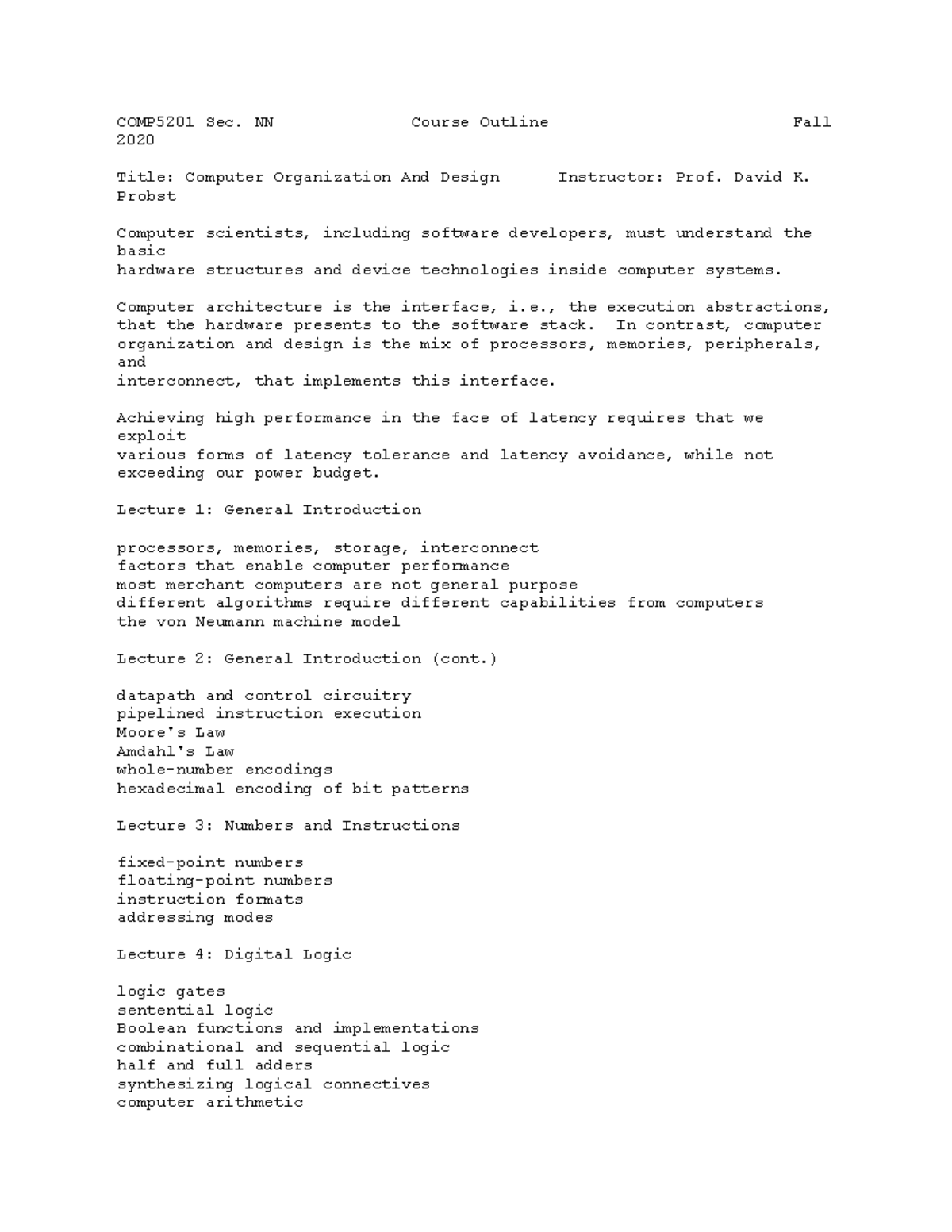 Courseoutline - COMP5201 Sec. NN Course Outline Fall 2020 Title: Computer Organization And ...