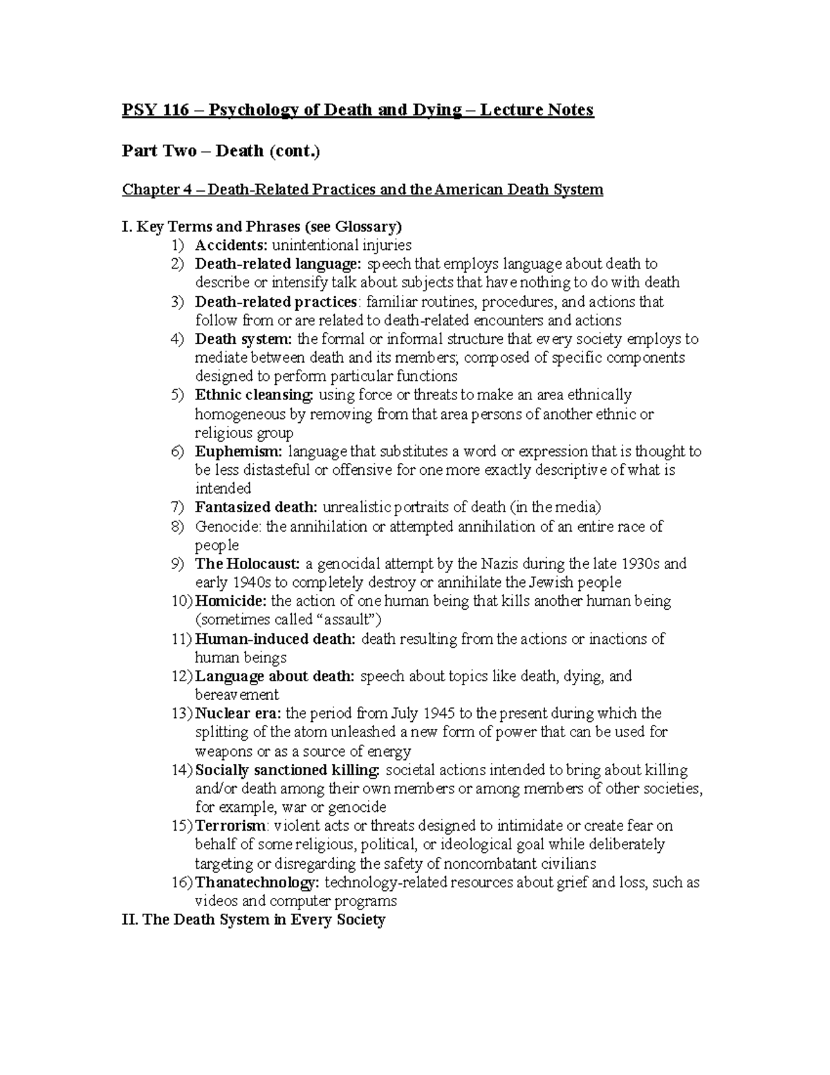 Lecture Notes Ch. 4-5 - PSY 116 – Psychology of Death and Dying ...