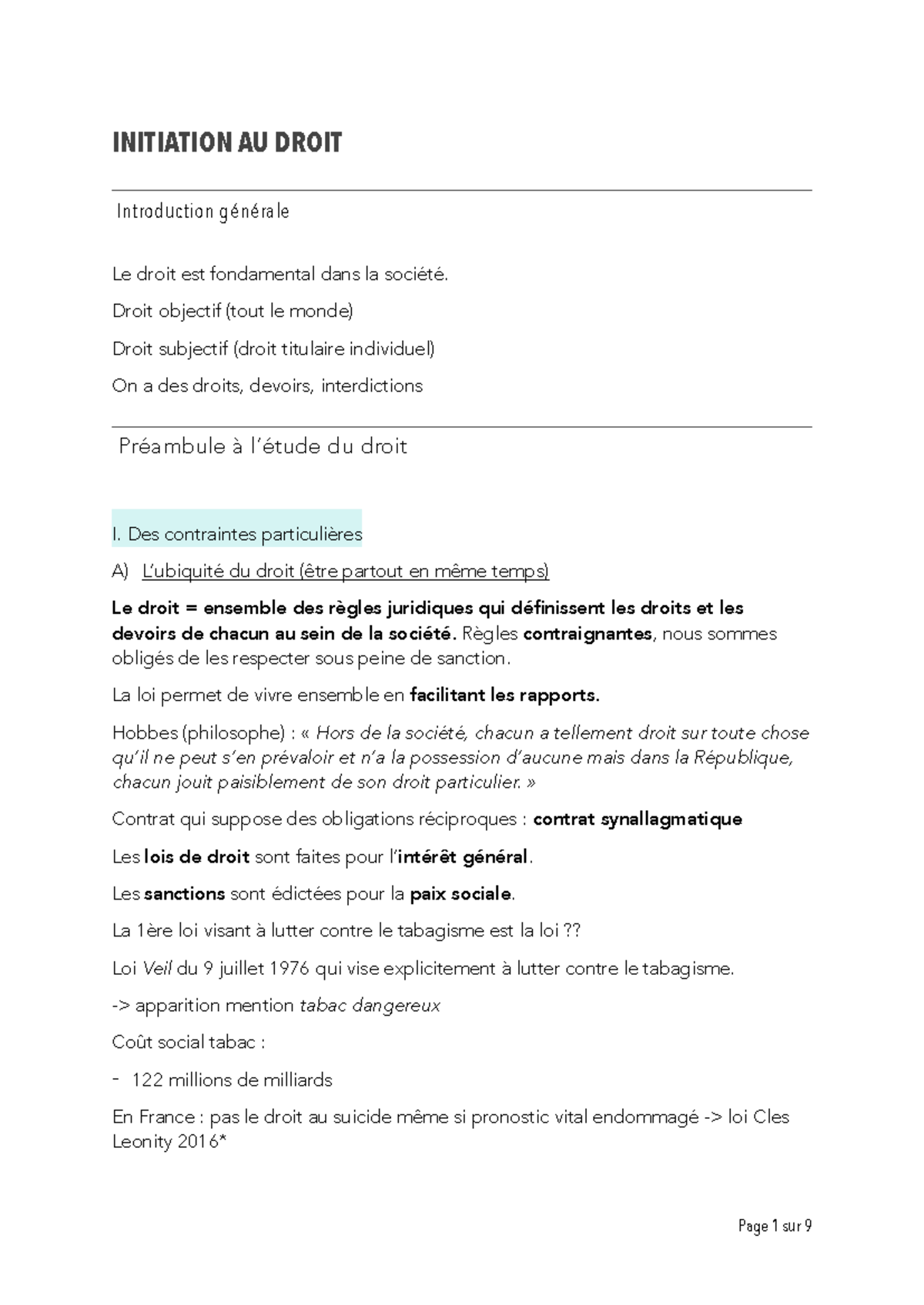 Chap 1 - Cours de d’intro droit - INITIATION AU DROIT Introduction générale Le droit est ...