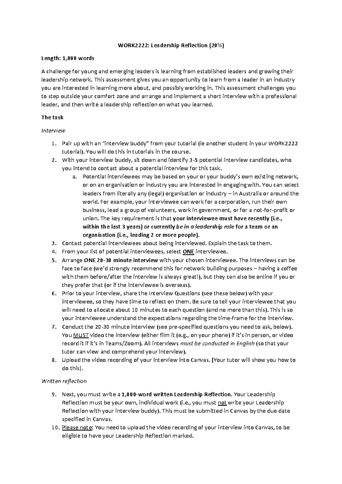 WORK2222 - Leadership Reflection - Task Description and Marking Rubric ...
