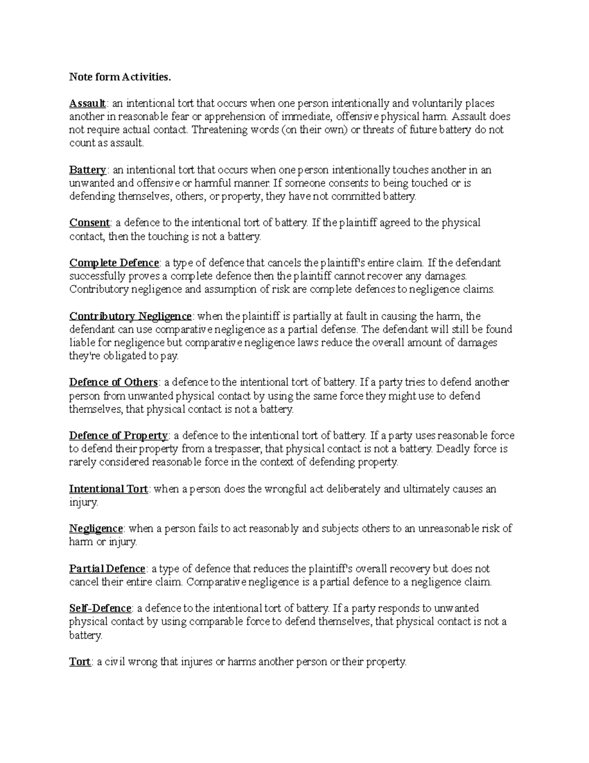 Note form Activities - Notes - Note form Activities. Assault: an ...