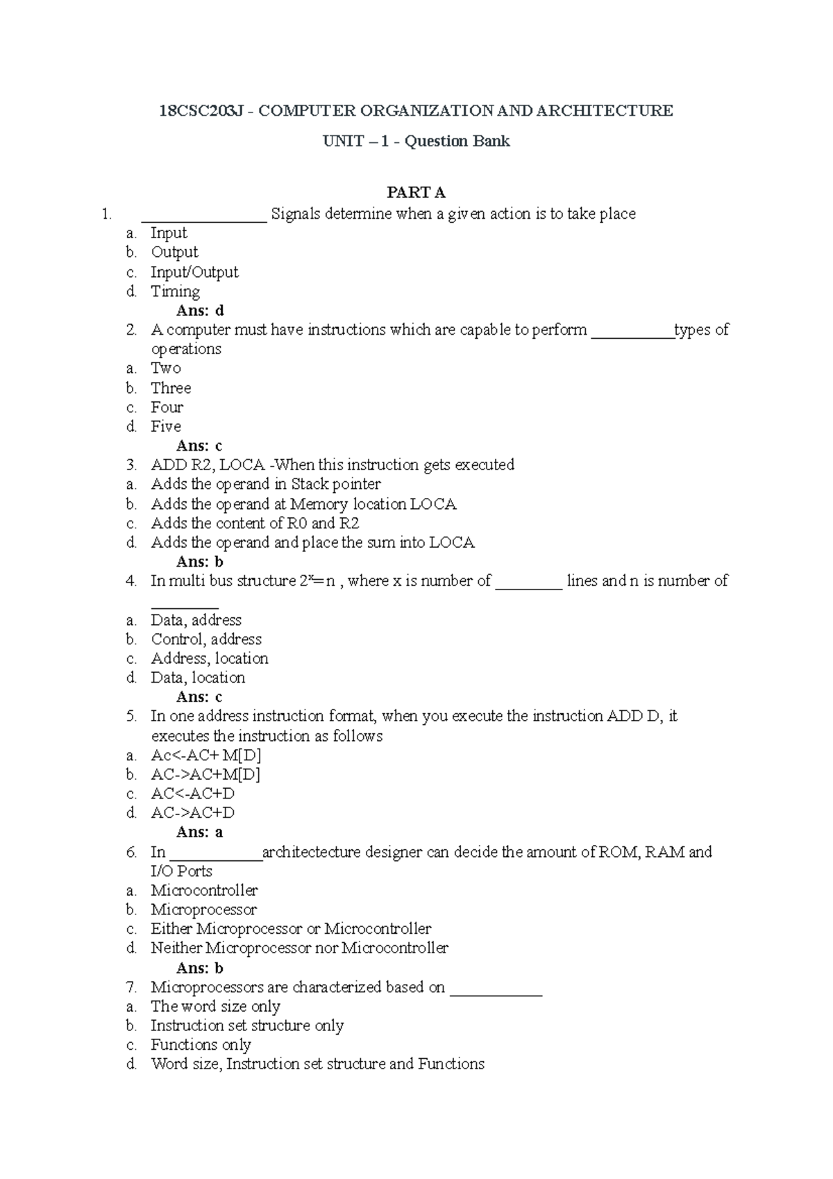 18CSC203J unit 1 - full unit 1 important question bank - 18CSC203J - COMPUTER ORGANIZATION AND ...