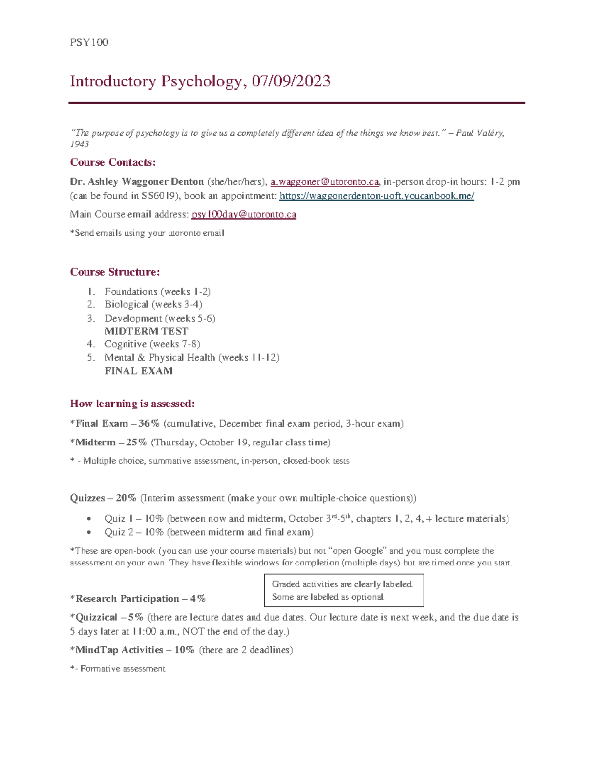 PSY100 - Introductory Psychology - PSY Introductory Psychology, 07/09 ...