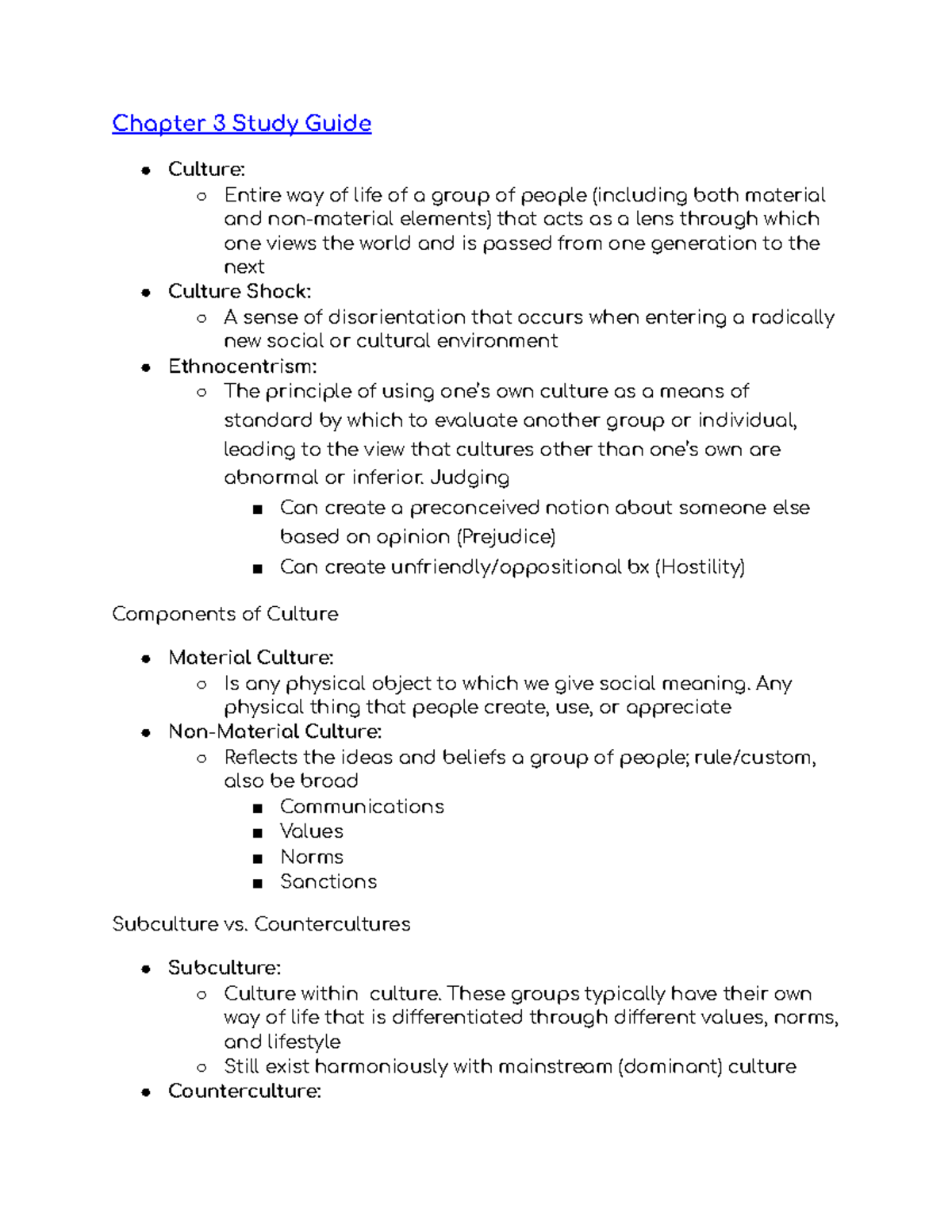 Chapter 3 Study Guide - Professor Goode - Chapter 3 Study Guide Culture ...
