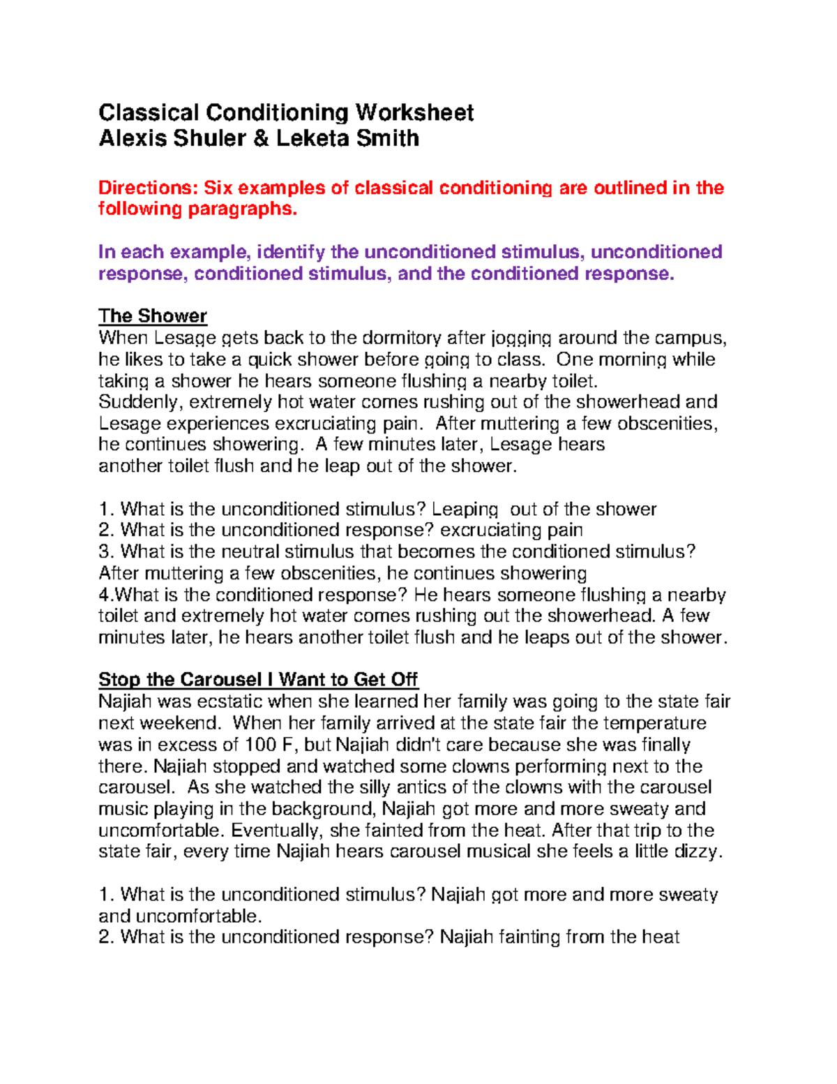 Classical Conditioning Worksheet wk 4 - Classical Conditioning ...
