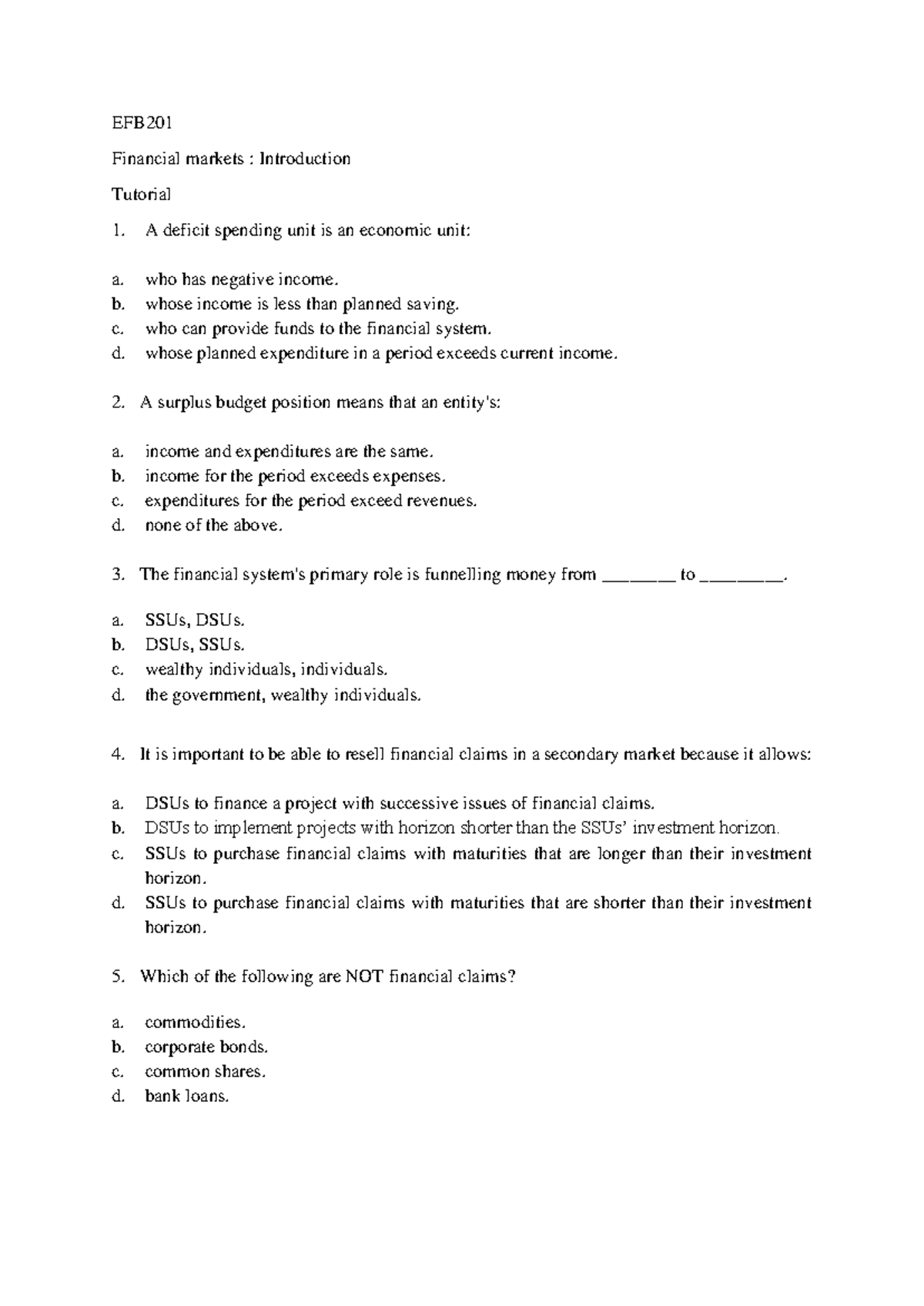 EFB201 tutorial 1 solution - EFB Financial markets : Introduction ...