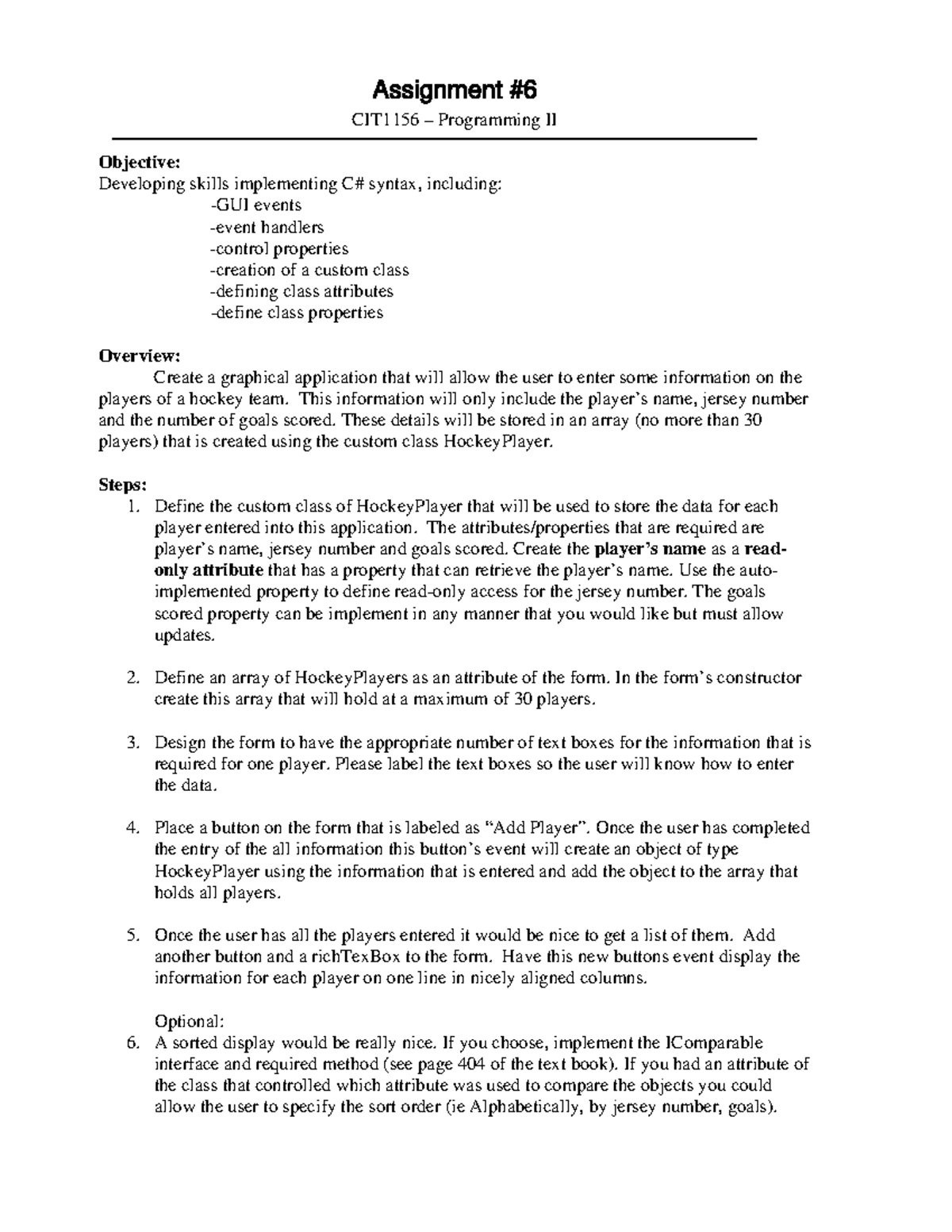 Assignment Due Date Assignment Cit1156 Programming Ii Objective