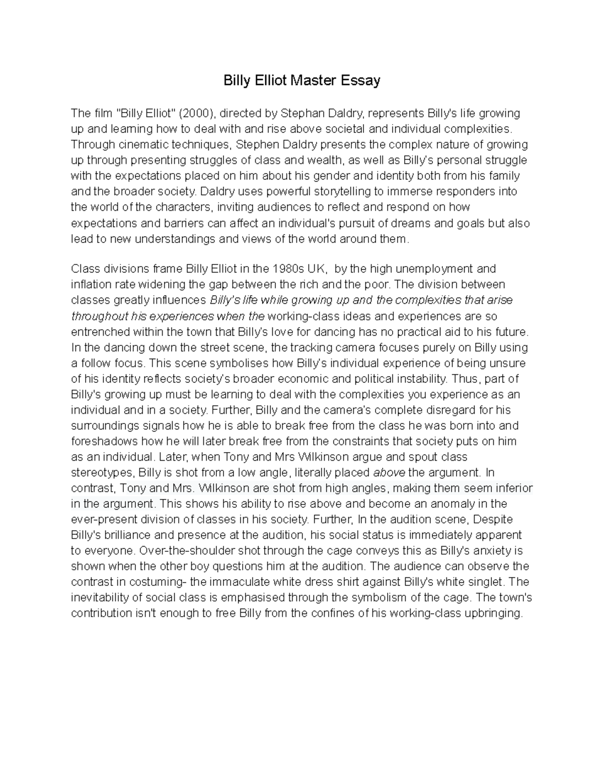 Billy Elliot Master Essay - Through cinematic techniques, Stephen ...