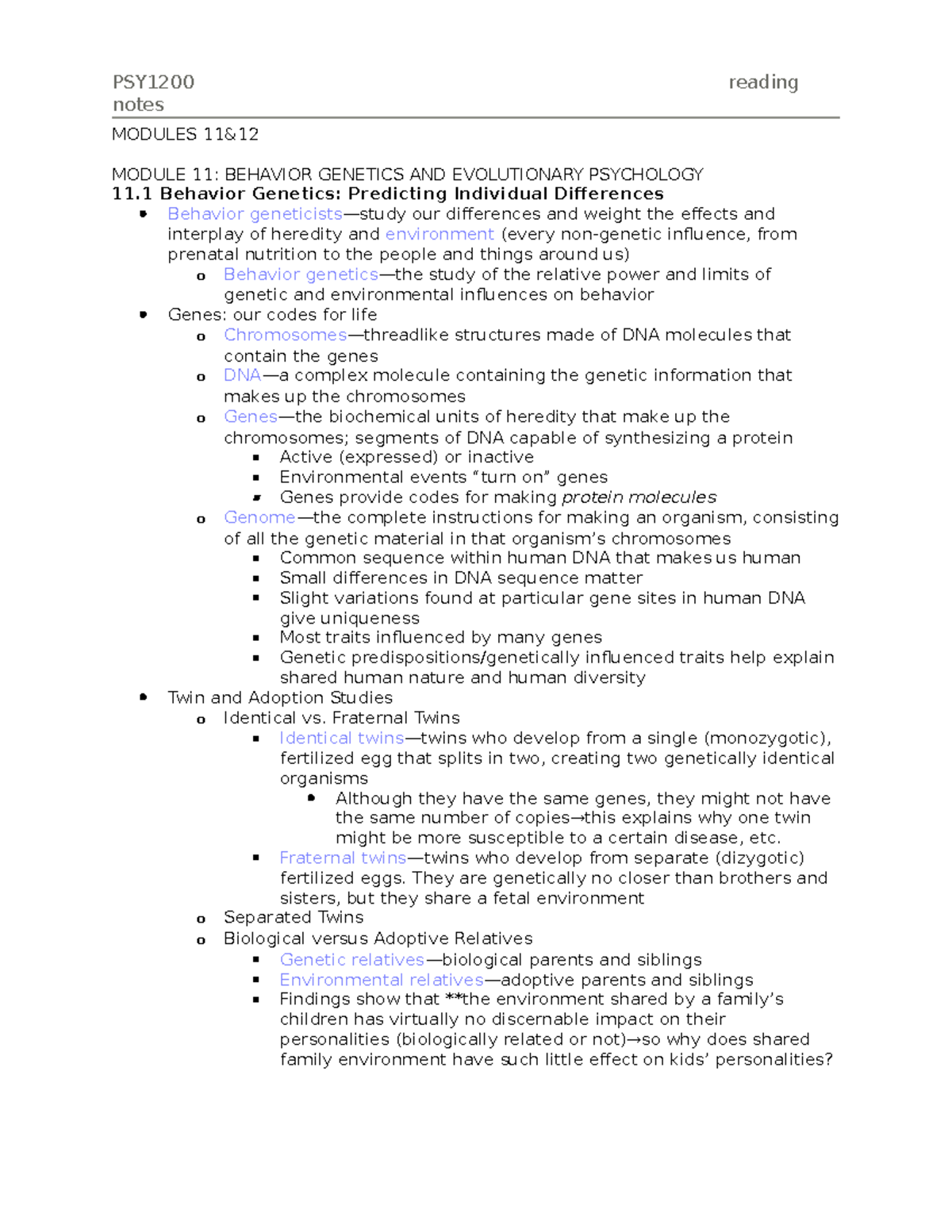 PSY1200 9:15 Module 11 - Sandberg - PSY1200 reading notes MODULES 11 ...