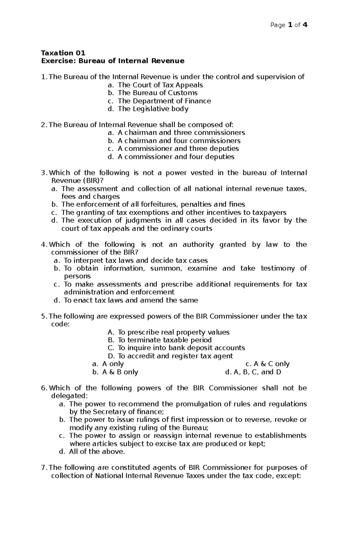 Bir-lecture PDF COMP - Taxation 01 Exercise: Bureau of Internal Revenue ...