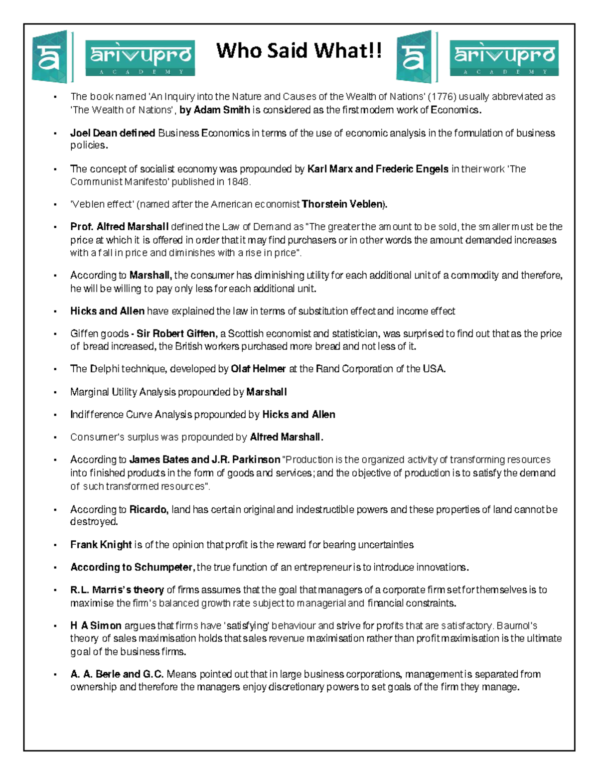 Founders of concepts - economics - Who Said What!! The book named ‘An ...