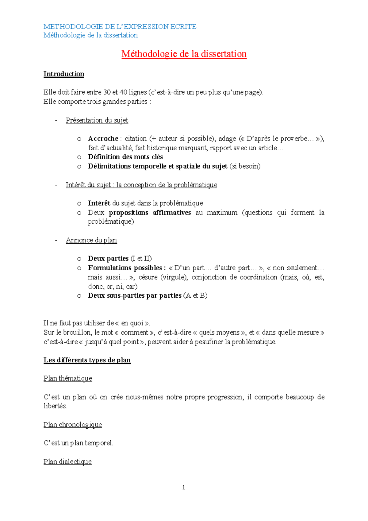Méthodologie de la dissertation - METHODOLOGIE DE L’EXPRESSION ECRITE Méthodologie de la - Studocu