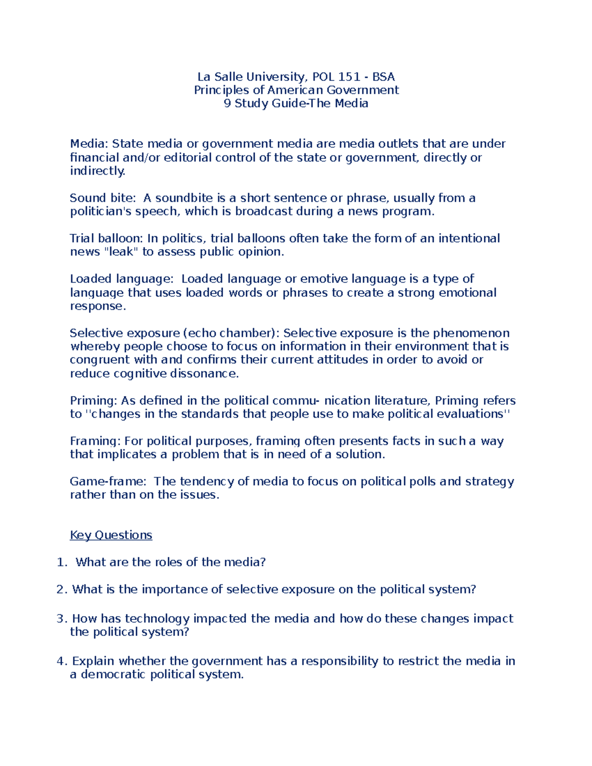 9 Study Guide-The Media - La Salle University, POL 151 - BSA Principles ...