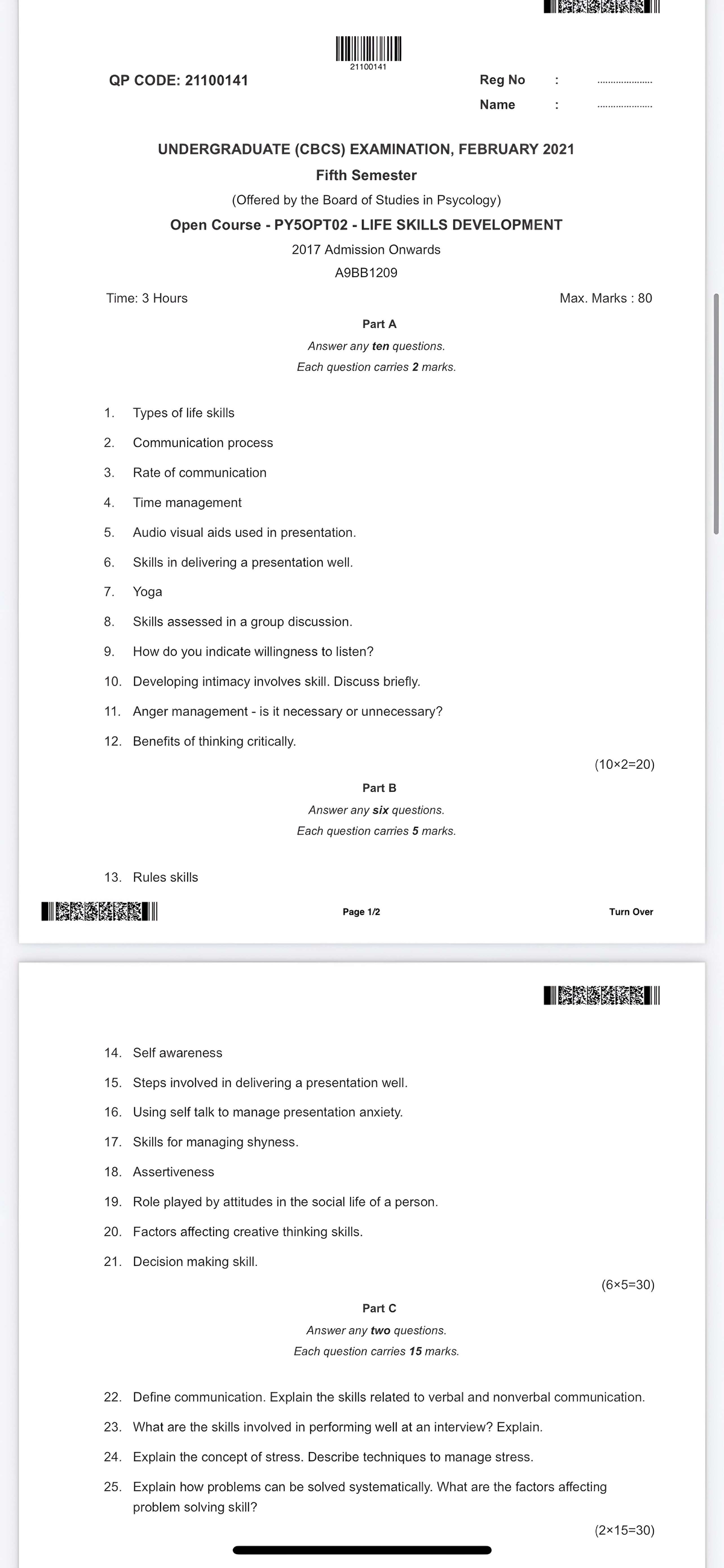 Question Papers - 21100141 QP CODE: 21100141 Reg No : Name : UNDERGRADUATE (CBCS) EXAMINATION ...