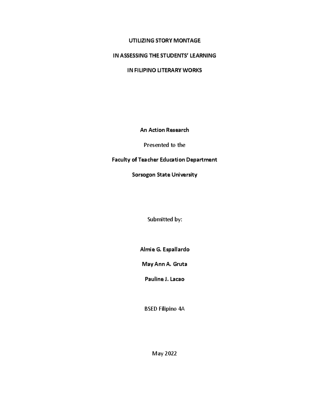 Action Research Story Montage - UTILIZING STORY MONTAGE IN ASSESSING ...