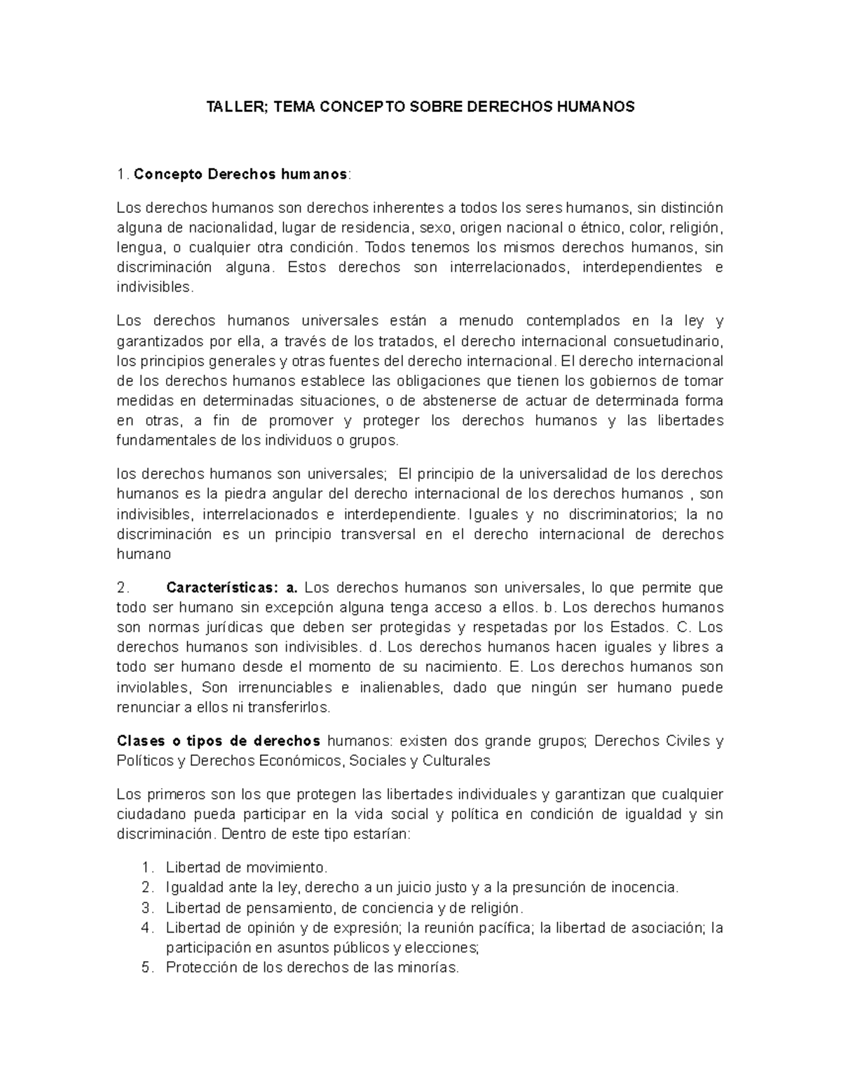 Taller sobre derechos humanos - TALLER; TEMA CONCEPTO SOBRE DERECHOS ...