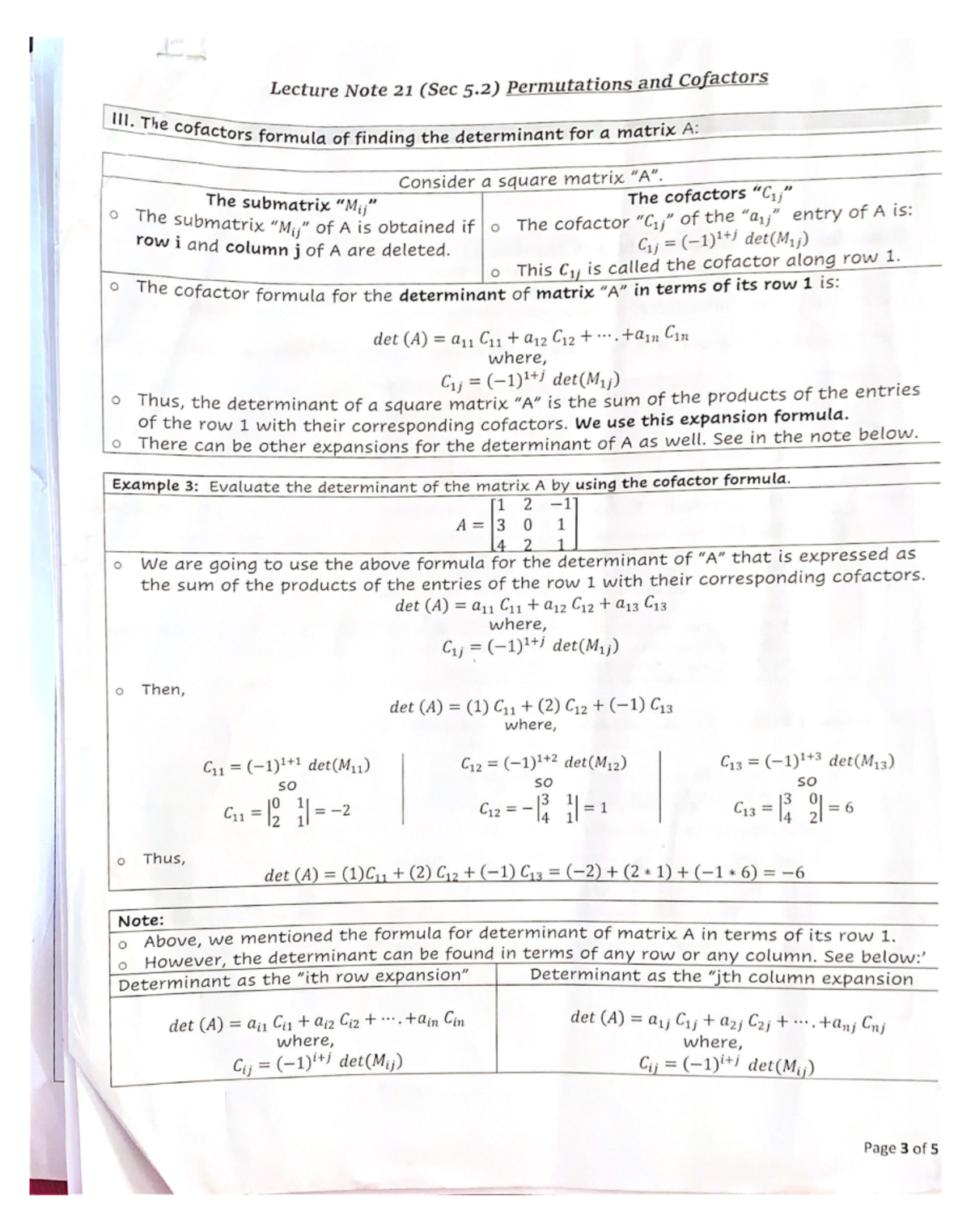 Linear Algebra-Permutaions And Cofactors - Lecture Note 21 (Sec 5) Permutations and Cofactors ...
