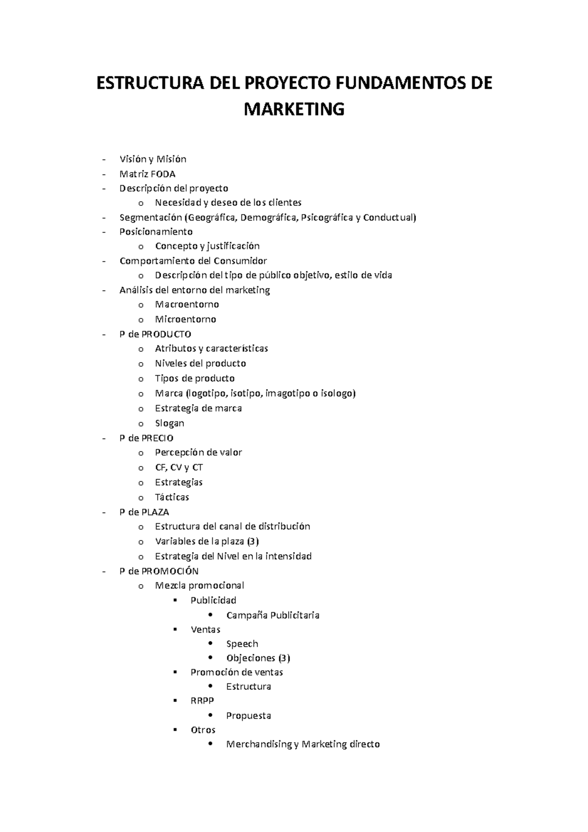 Estructura DEL Proyecto DEL Curso Fundamentos DE Marketing - ESTRUCTURA ...