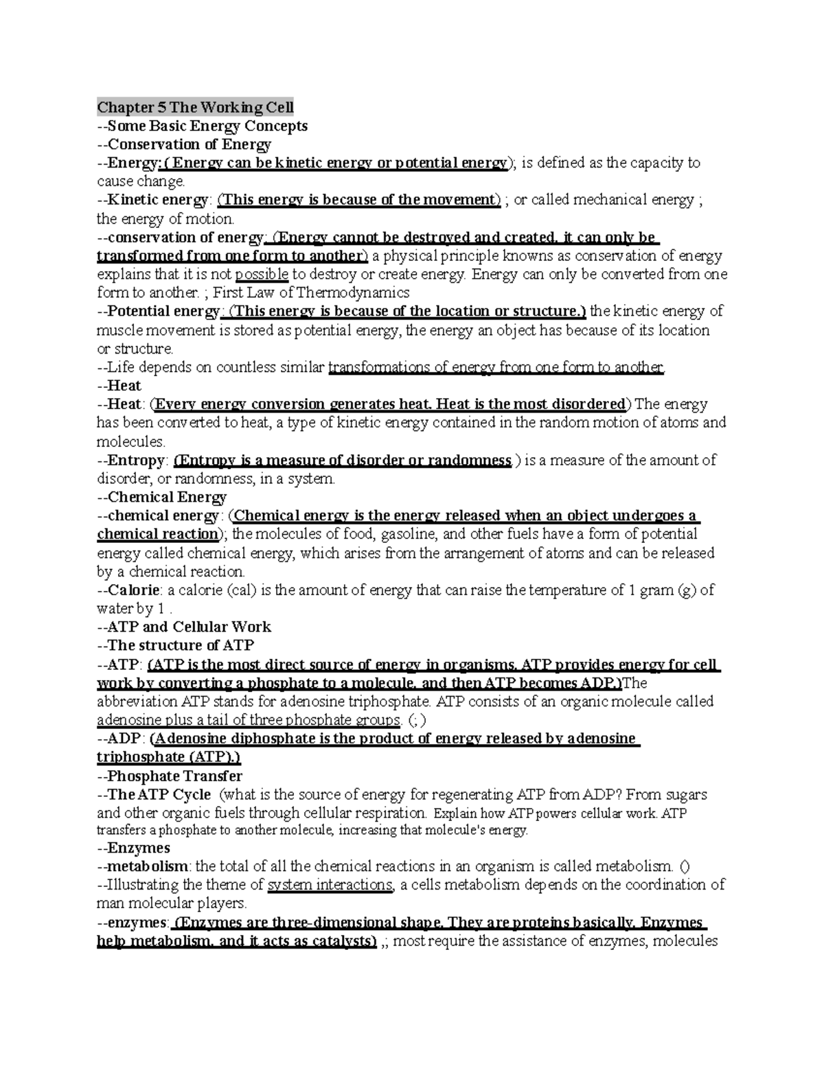 Chapter 5 The Working Cell notes - Chapter 5 The Working Cell - Some ...