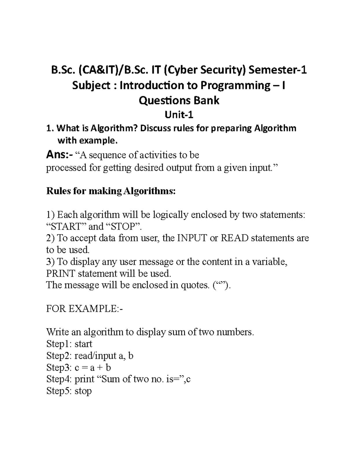 Question Bank Ans. ( IP1 ) - B. (CA&IT)/B. IT (Cyber Security) Semester ...