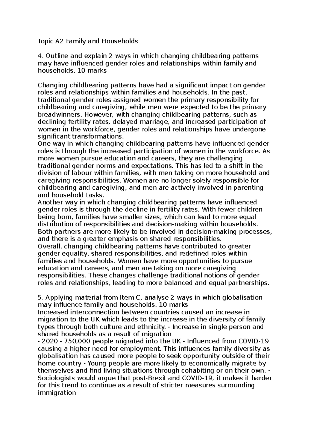 Topic A2 Family and Households - Outline and explain 2 ways in which ...