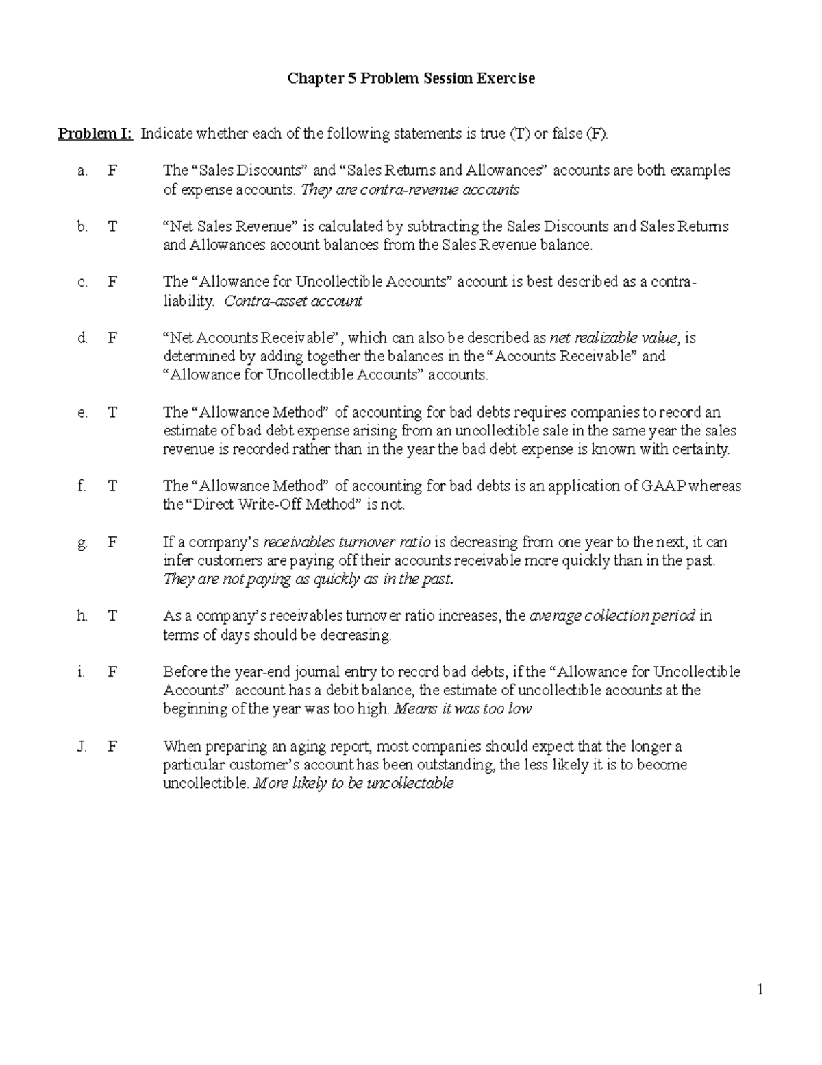 Ch 5 problem session exercise - Chapter 5 Problem Session Exercise Problem I: Indicate whether ...