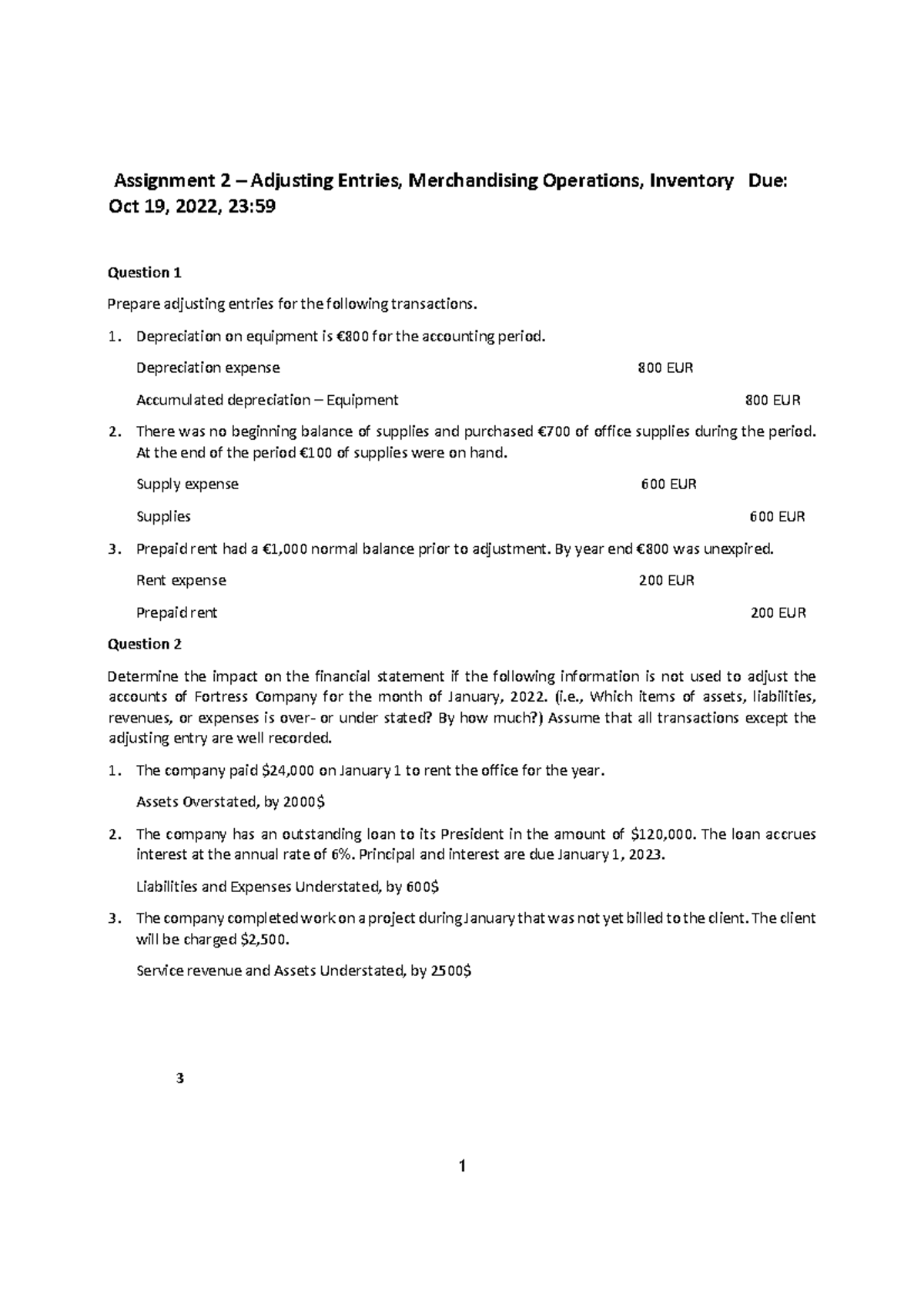 Assignment 2 Adjusting Entries, Merchandising, Inventory (Due Oct 19 ...