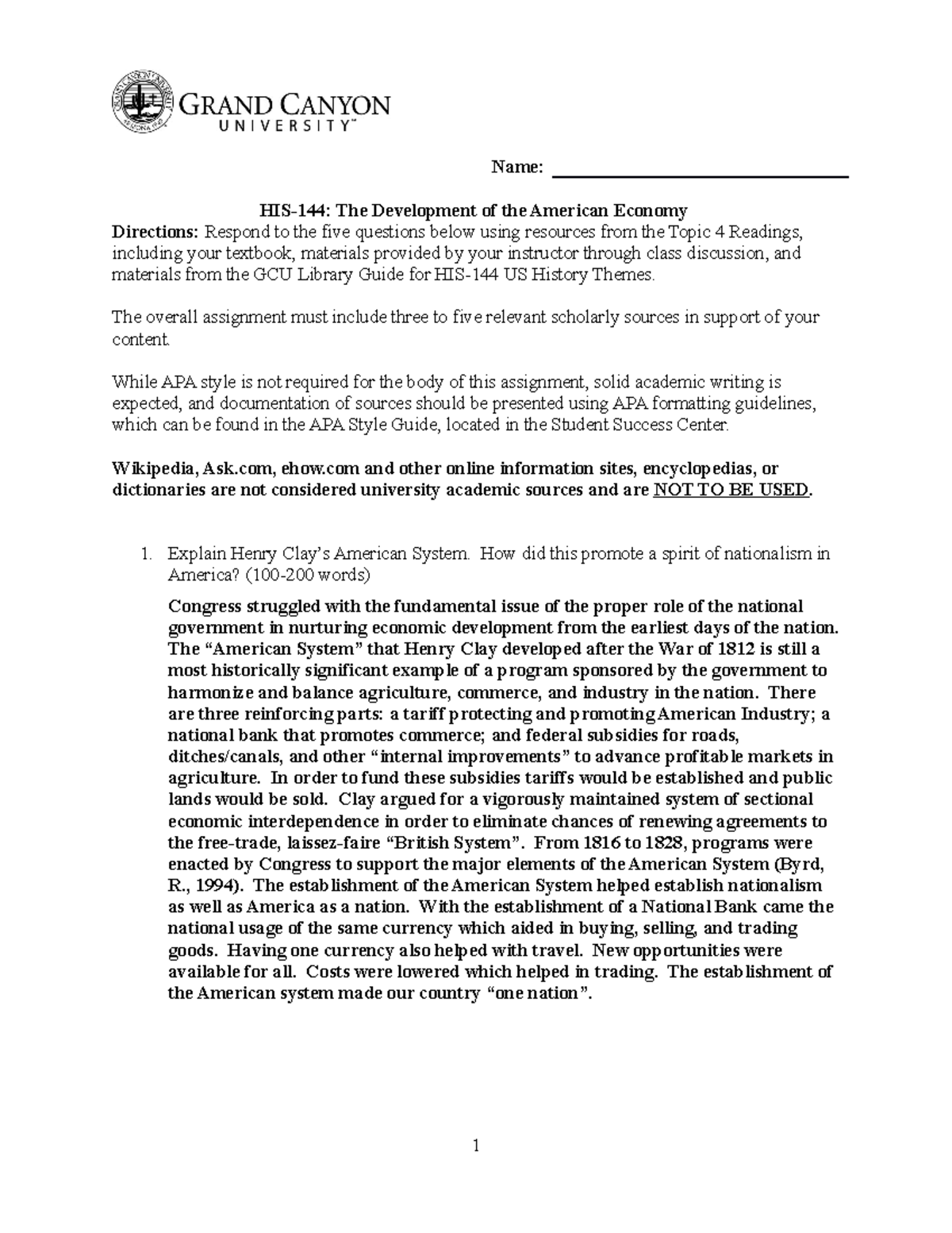 HIS-144 - Topic 4 Assignment - Name: HIS-144: The Development of the ...