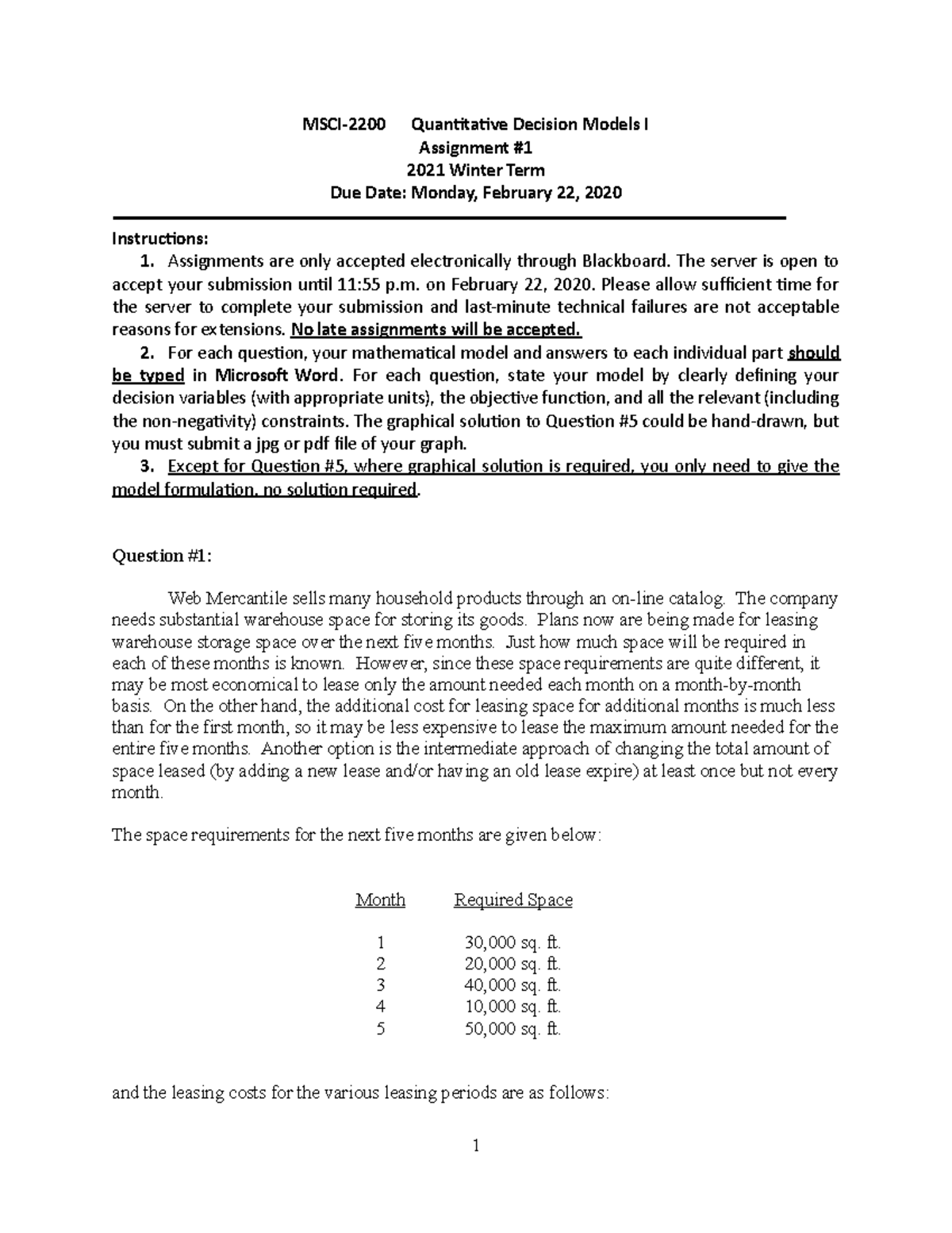 Assignment #1 - MSCI-2200 Quanitaive Decision Models I Assignment # 2021 Winter Term Due Date ...