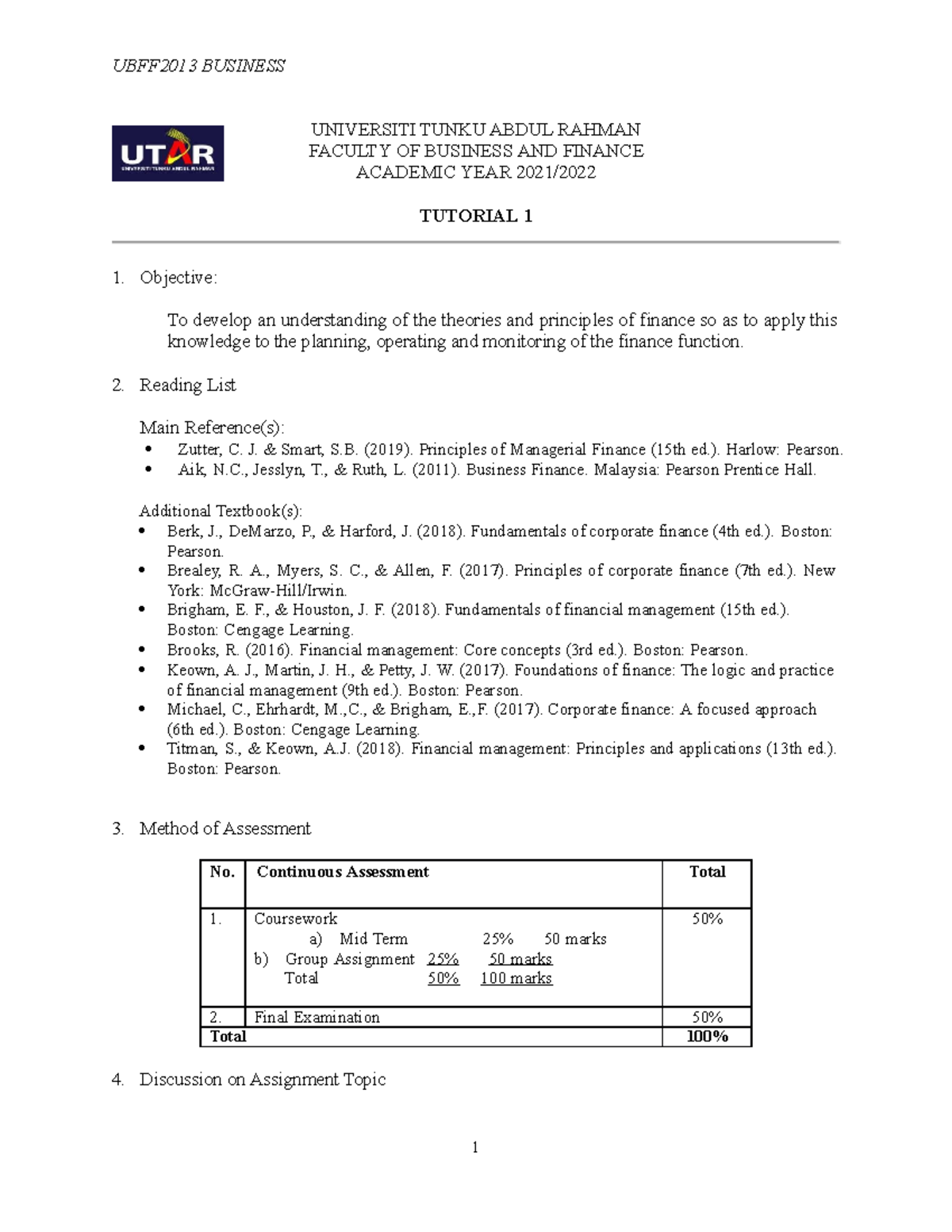 BF Tutorial Question - UBFF2013 BUSINESS 1 UNIVERSITI TUNKU ABDUL ...