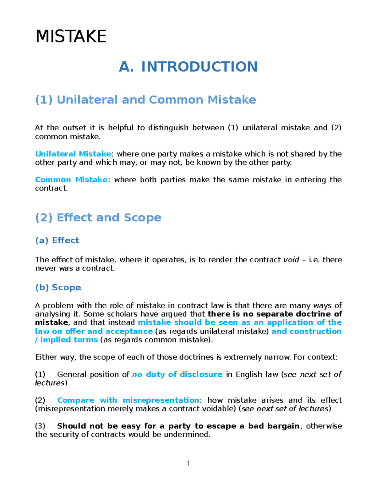 CLL1 Mistake - lecture notes - MISTAKE A. INTRODUCTION (1) Unilateral ...