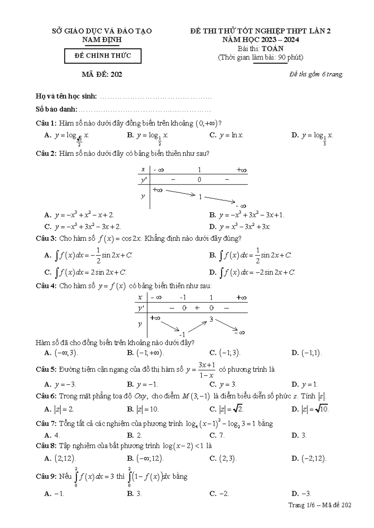 Httpstoanmath - math - SỞ GIÁO DỤC VÀ ĐÀO TẠO NAM ĐỊNH MÃ ĐỀ: 202 ĐỀ ...