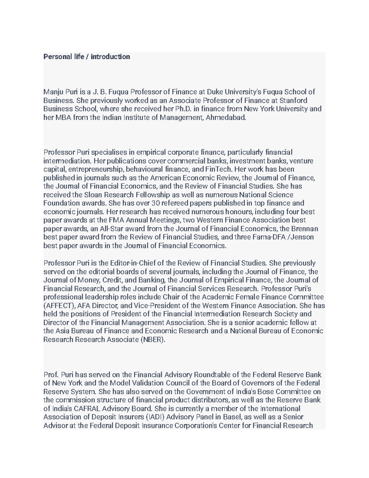 Manju - Personal life / introduction Manju Puri is a J. B. Fuqua ...