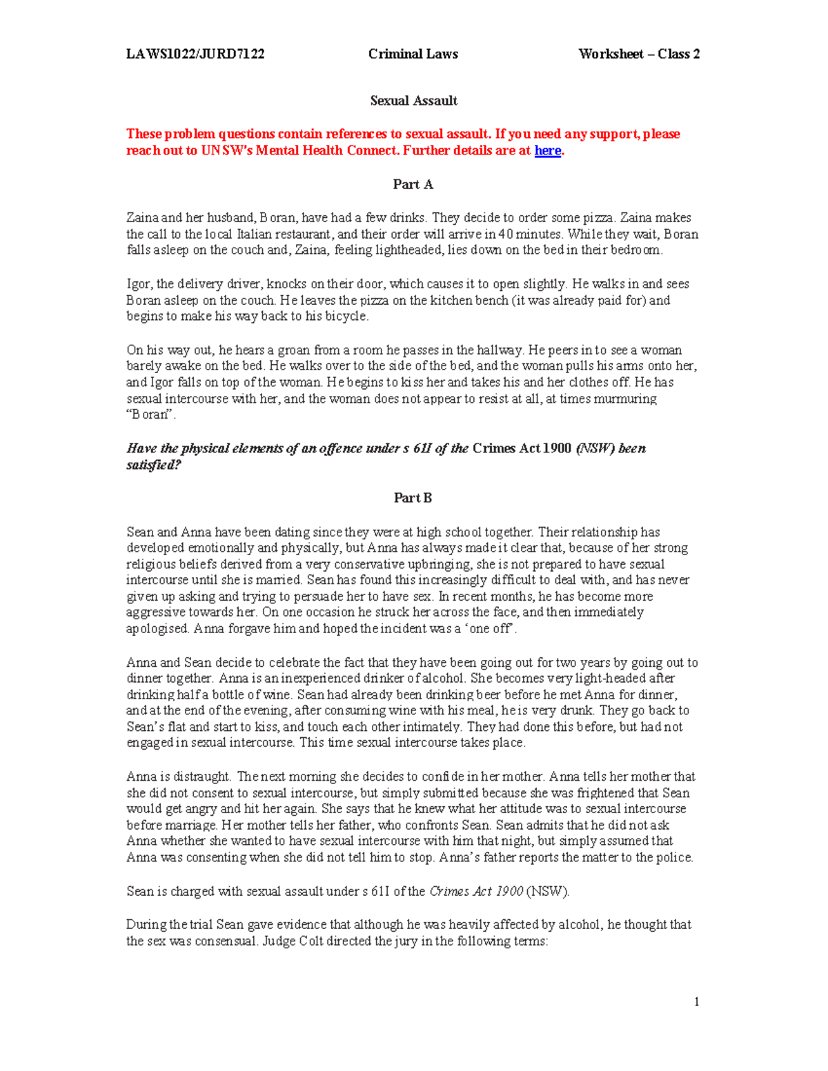 Class 4 - Sexual Assault - Worksheet - LAWS1022/JURD7122 Criminal Laws ...