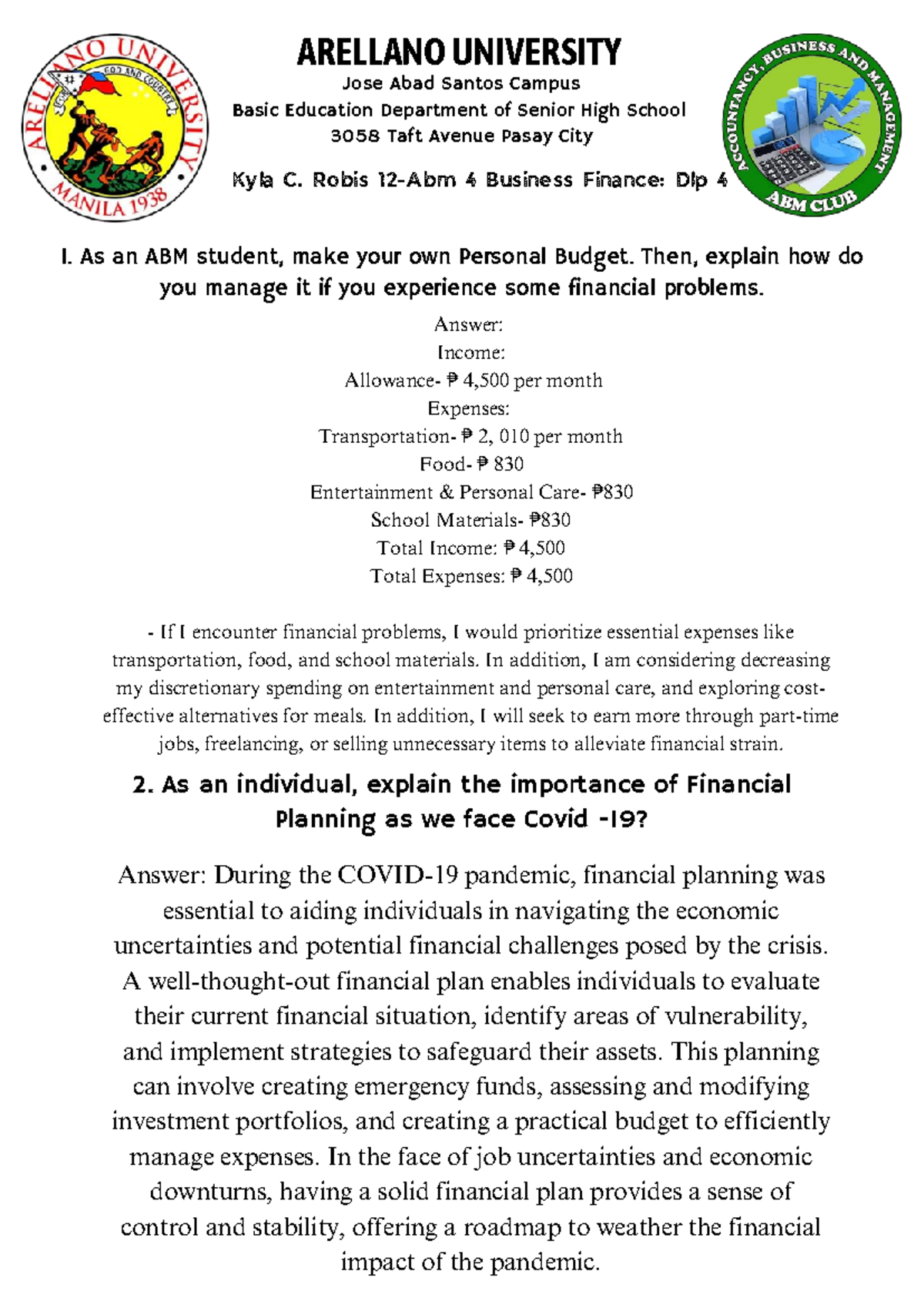 BUS Finance DLP 4 - none - ARELLANO UNIVERSITY Jose Abad Santos Campus ...