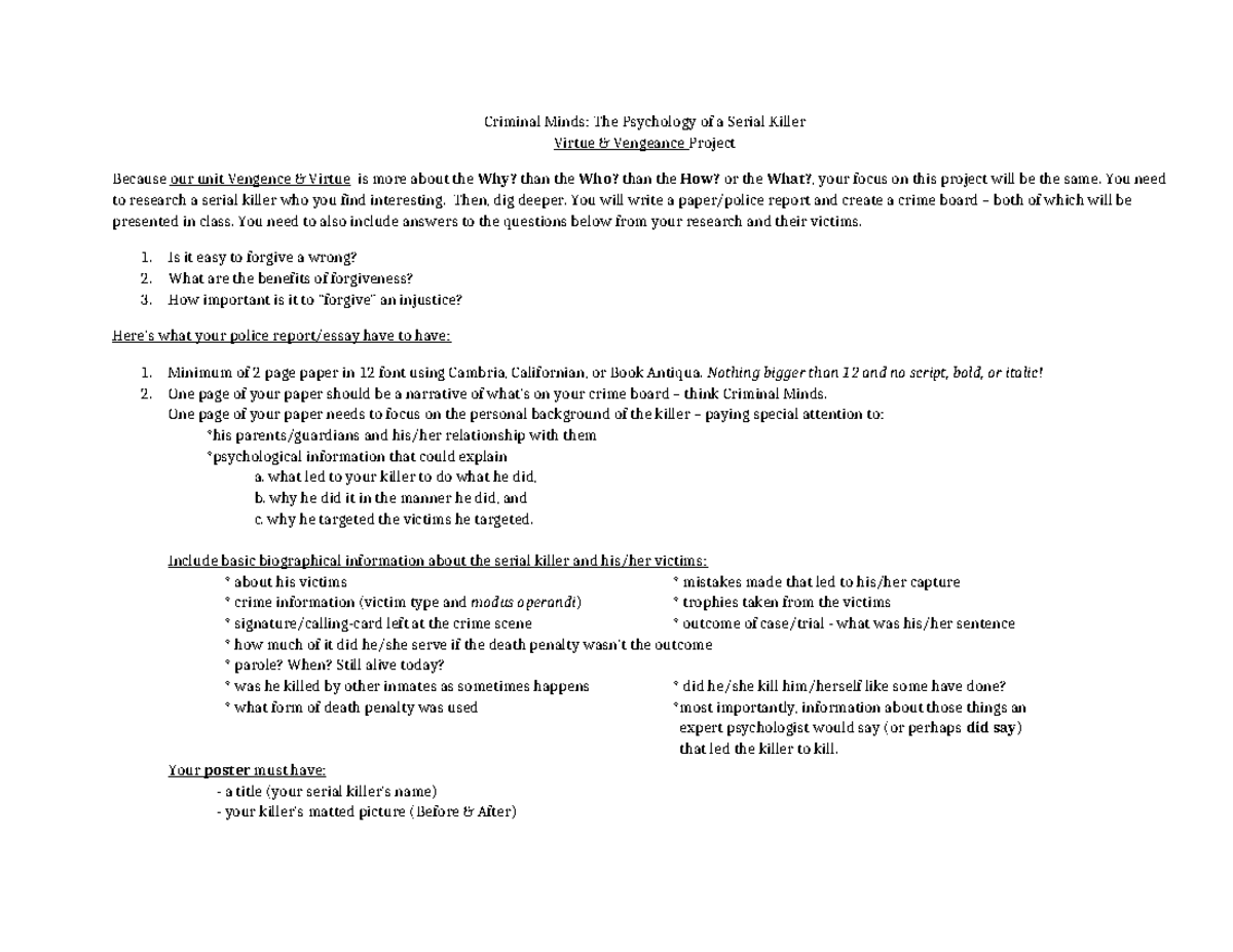 Serial Killers Project Sheet revised (2) - Criminal Minds: The ...
