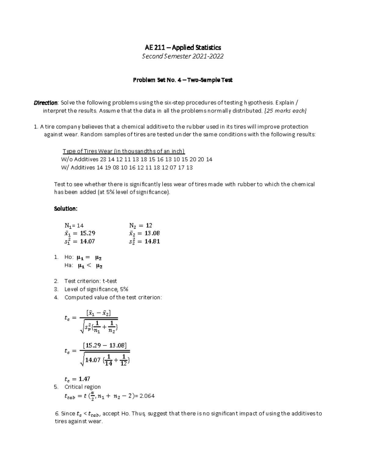 Exercise No. 4 - Two-sample test - AE 211 – Applied Statistics Second ...