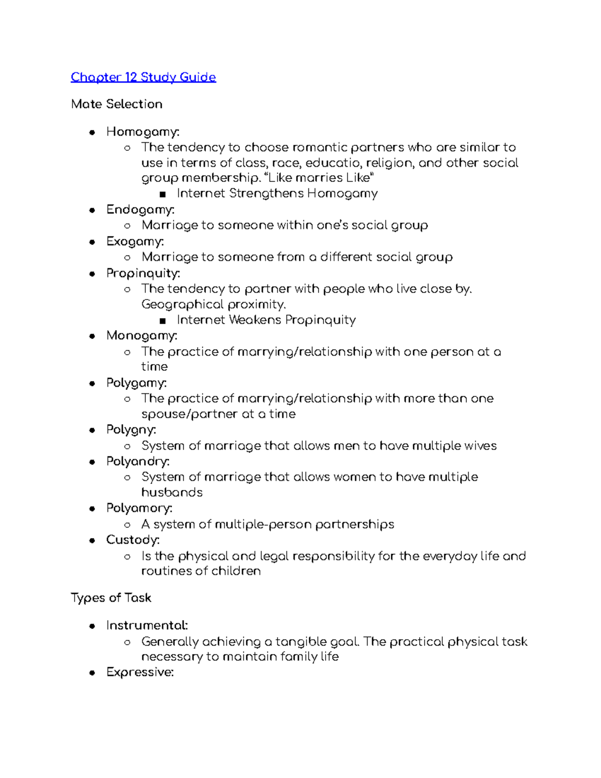 Chapter 12 Study Guide - Professor Goode - Chapter 12 Study Guide Mate Selection Homogamy: The ...