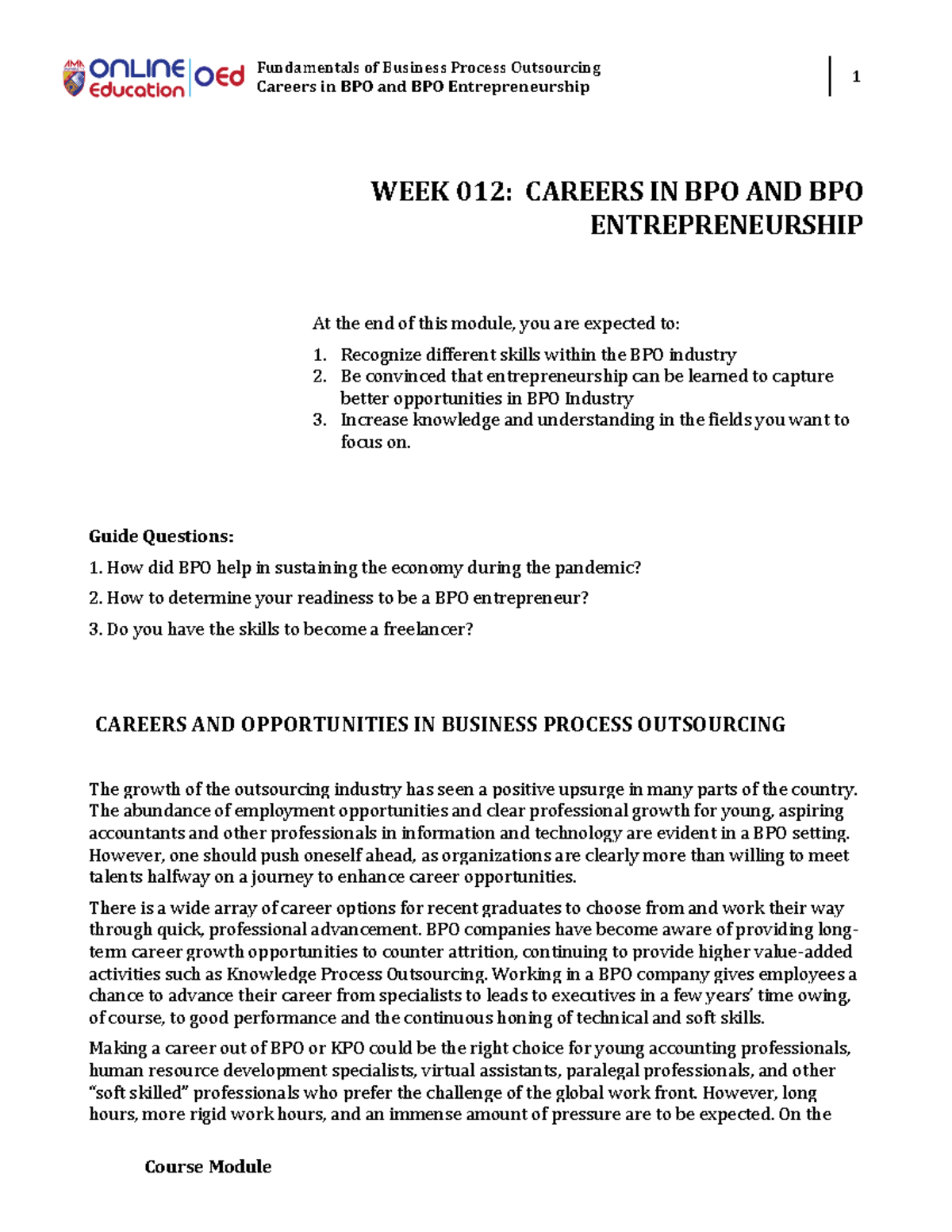 Lesson 10- Career in BPO and BPO Entrepreneurship - Careers in BPO and ...