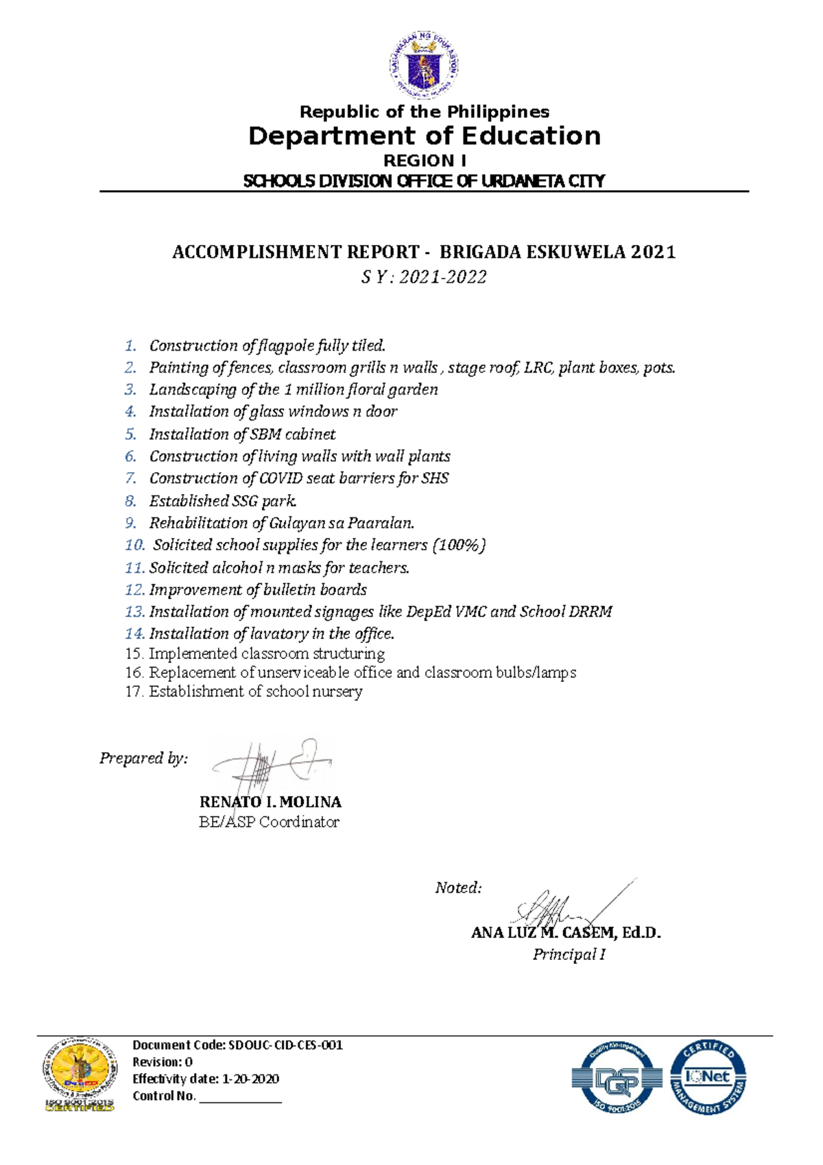 Accomplishment Report Brigada Eskuwela 2021 - Republic of the ...