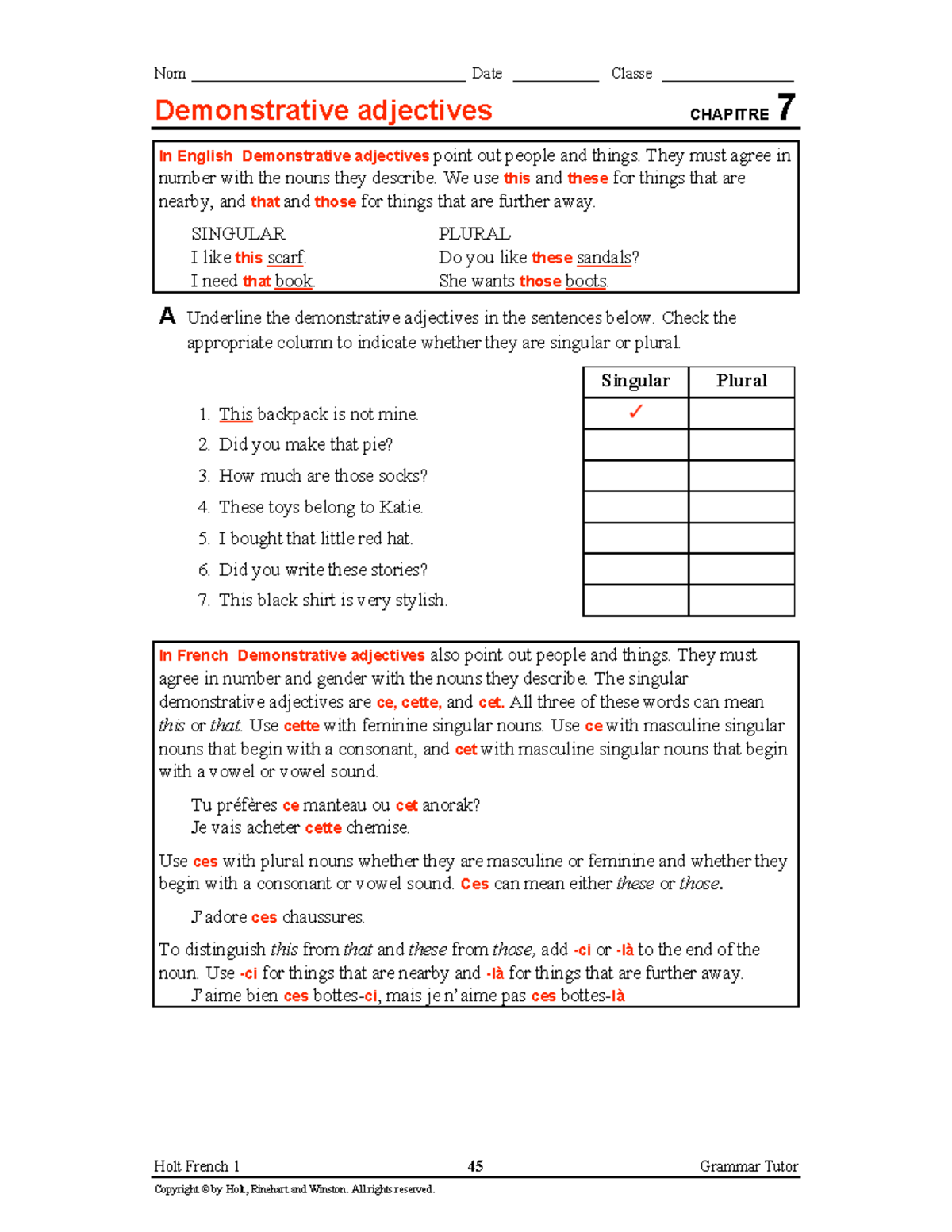 Fr1 tutorial ch 7 - Holt French 1 45 Grammar Tutor Demonstrative ...