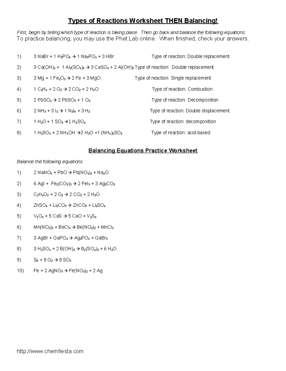 Balancing practice - it was - Types of Reactions Worksheet THEN ...