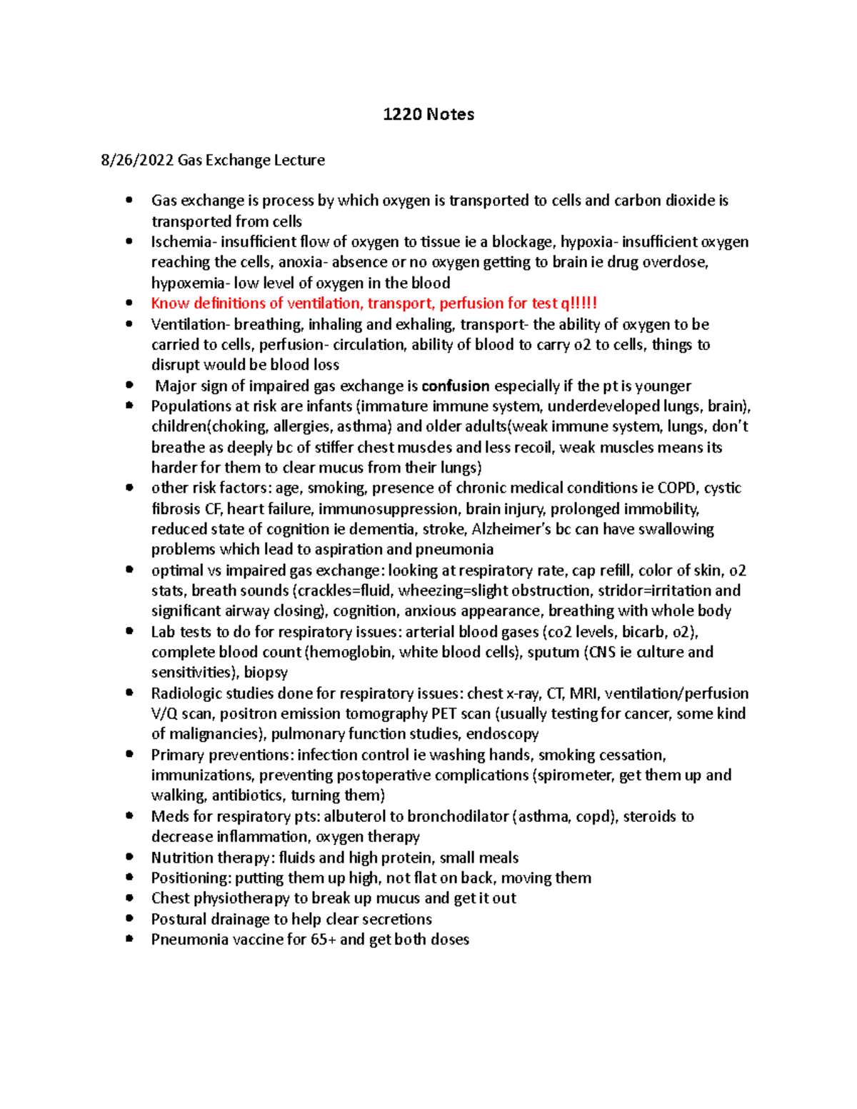 1220 Notes - 1220 Notes 8/26/2022 Gas Exchange Lecture Gas exchange is ...