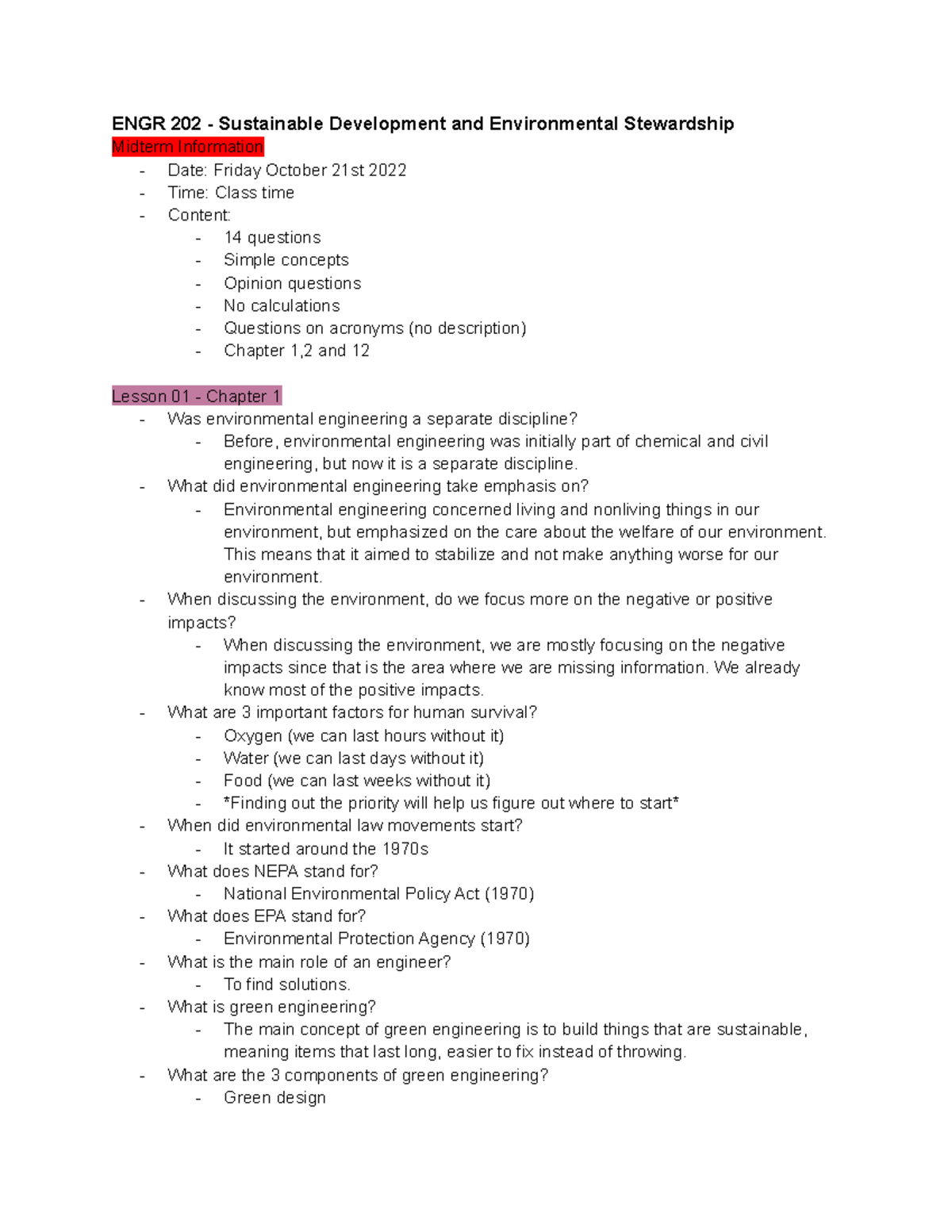ENGR 202 - Midterm (Possible Questions) - ENGR 202 - Sustainable ...